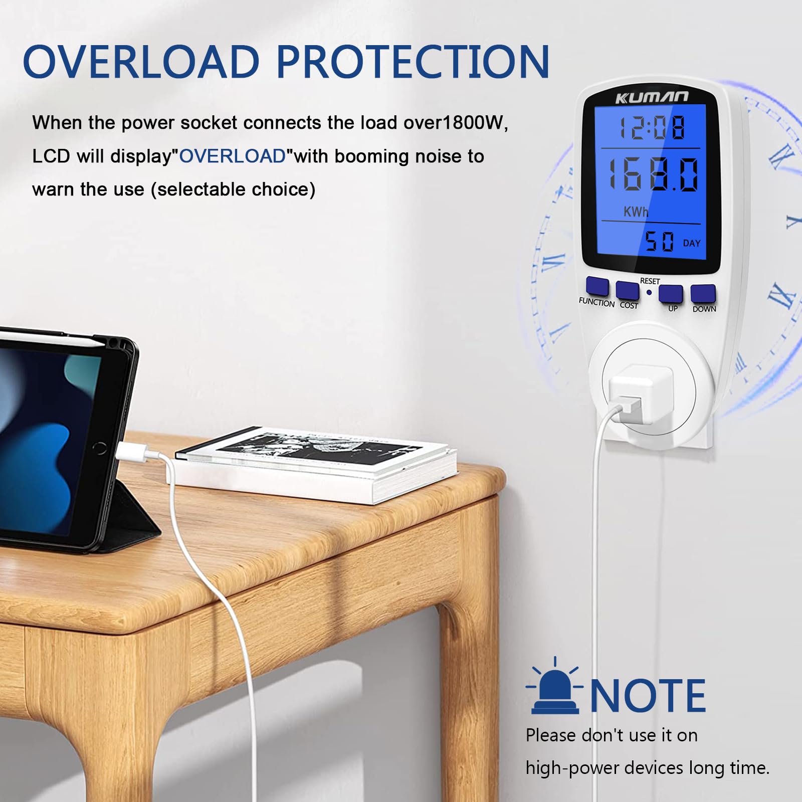 Upgraded Watt Meter, Home Electricity Usage Monitor, Plug-in Socket Power Meter, Power Watt Voltage Amps Meter Tester, Overload Protection