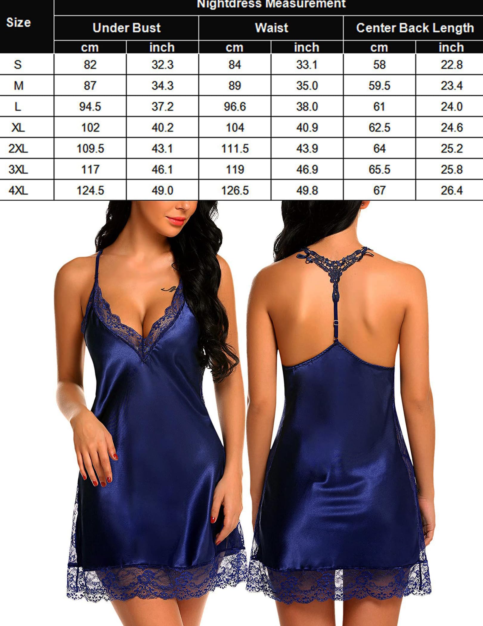Avidlove Satin Women Lingerie Lace Chemise Deep V Neck Babydoll Sleepwear Blue Small
