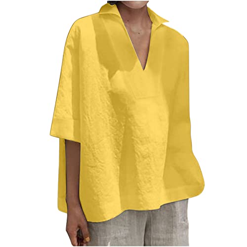 DASAYO Cute Shirts for Women Cotton Linen Tops for Women Loose Fit Casual Solid Color Elbow Sleeve Shirt Blouse Gauze Trendy Going Out V Tshirt Womens Tank Tops Dressy Casual