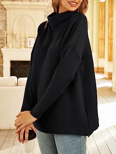 LILLUSORY Women's Mock Turtleneck Sweater Oversized Long Sleeve Casual Knit Pullover Tunic Tops Wear with Leggings Black XL