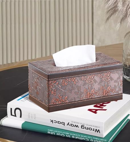 Leather Tissue Box Cover Retro Rectangular Facial Tissue Box Holder, Modern Napkin Storage Caddy with Magnetic Bottom, Pumping Paper Dispenser Case for House Bathroom Office Car Living Room