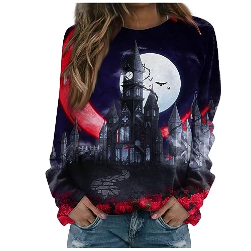 Digital Credits in My Account,Tops for Women Size Large Women's Halloween Printed Sweatshirt Sexy Elegant Round Neck Plus Size (b-White, XXXXL)