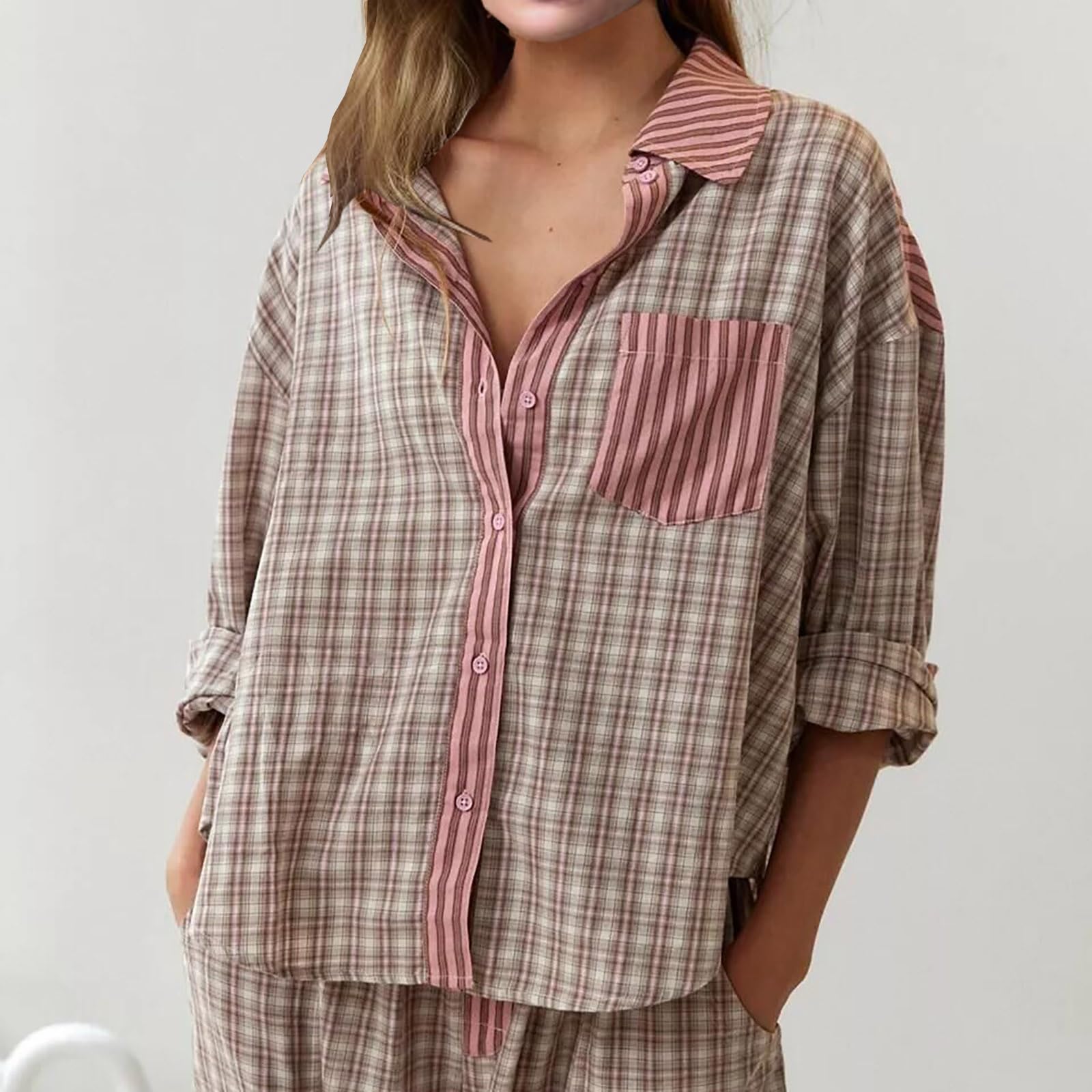 Womens Pajama Sets Spliced Pajama Top & Plaid Pajama Pants Long Sleeve Button Down Sleepwear Two-Piece Pj Set with Pockets Soft Plus Size Matching Christmas Pajamas Cotton Lounge Sets Nightwear