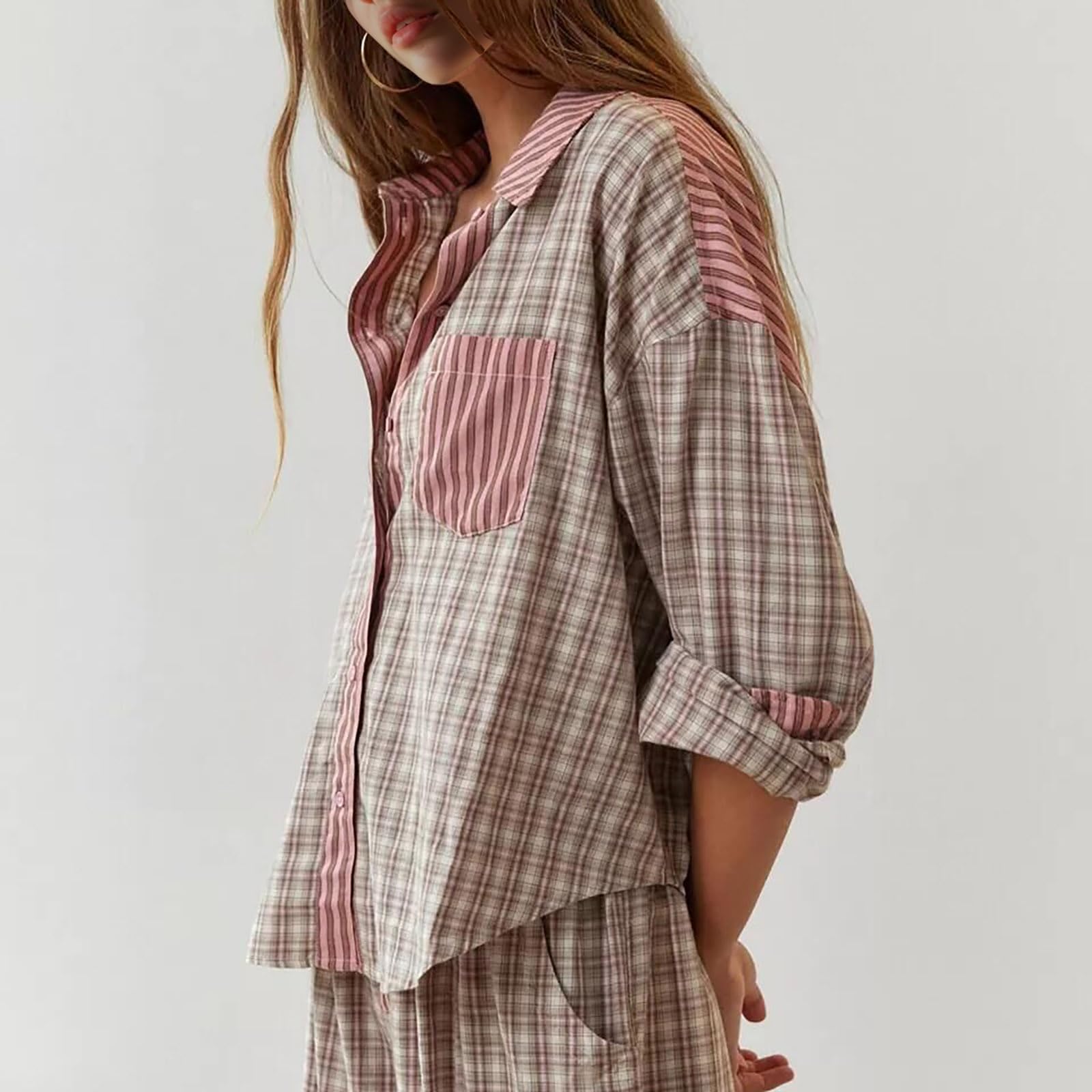 Womens Pajama Sets Spliced Pajama Top & Plaid Pajama Pants Long Sleeve Button Down Sleepwear Two-Piece Pj Set with Pockets Soft Plus Size Matching Christmas Pajamas Cotton Lounge Sets Nightwear