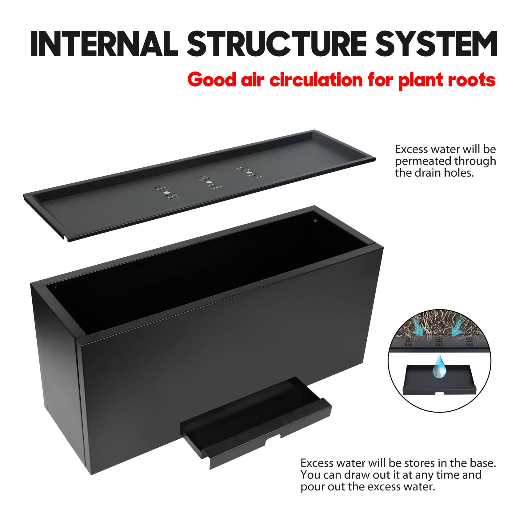 KOL Galvanized Steel Rectangular Planter Box, (16''H.x12''W.x36''L) Large Planters for Indoor Outdoor Plants,Black Powder Coated Metal Planter, Heavy Duty Modern Flower Pot, Commercial & Residential