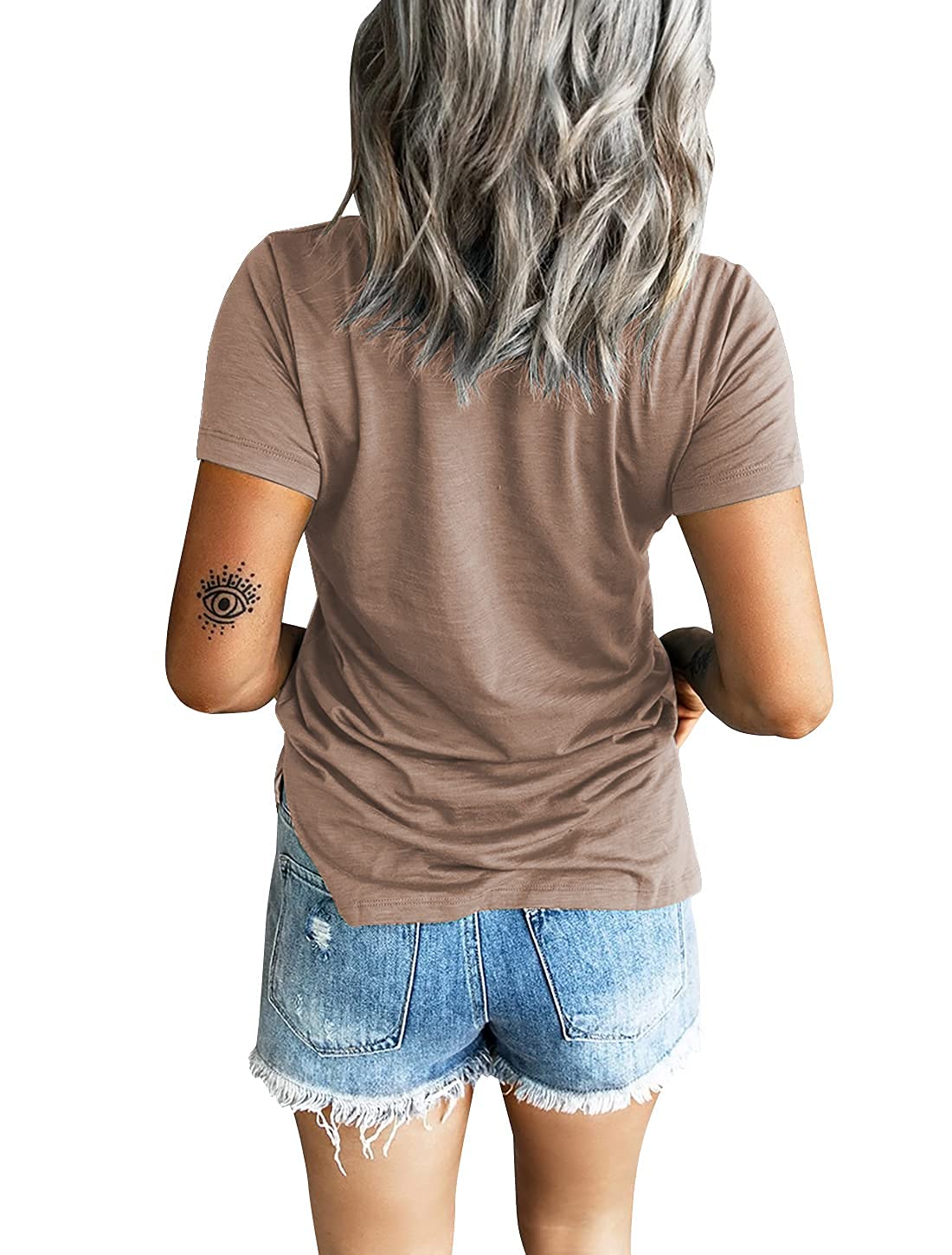 Sunborui Women's Summer Short Sleeve V Neck T Shirts Pocket Solid Loose Casual Tee Tops (Brown, X-Large)