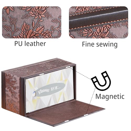 Leather Tissue Box Cover Retro Rectangular Facial Tissue Box Holder, Modern Napkin Storage Caddy with Magnetic Bottom, Pumping Paper Dispenser Case for House Bathroom Office Car Living Room