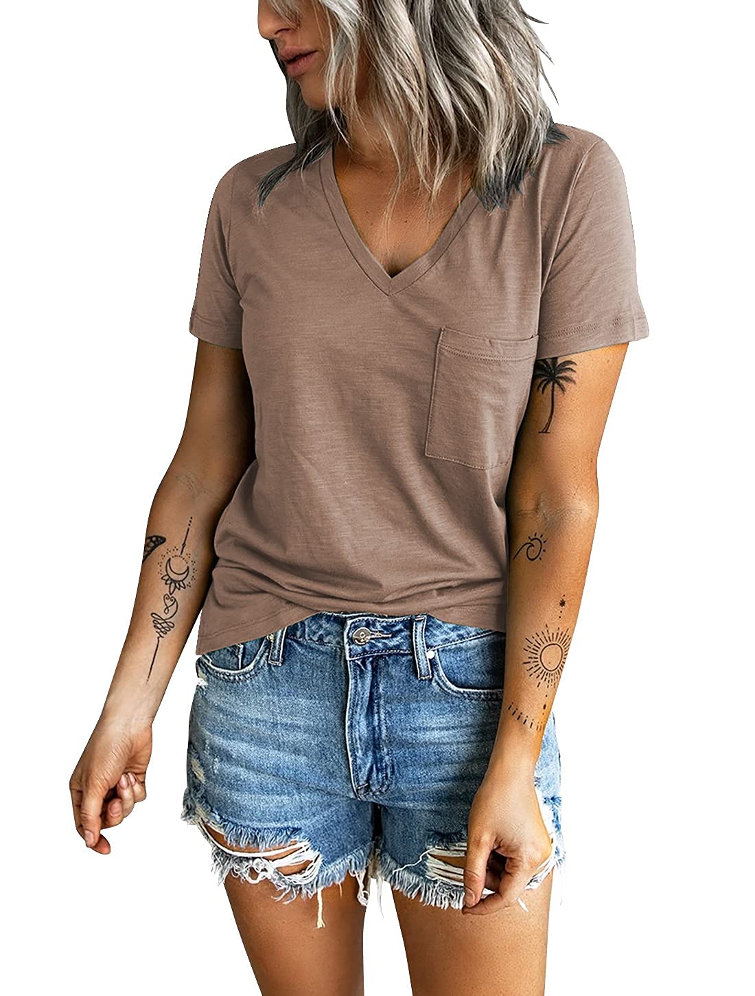 Sunborui Women's Summer Short Sleeve V Neck T Shirts Pocket Solid Loose Casual Tee Tops (Brown, X-Large)