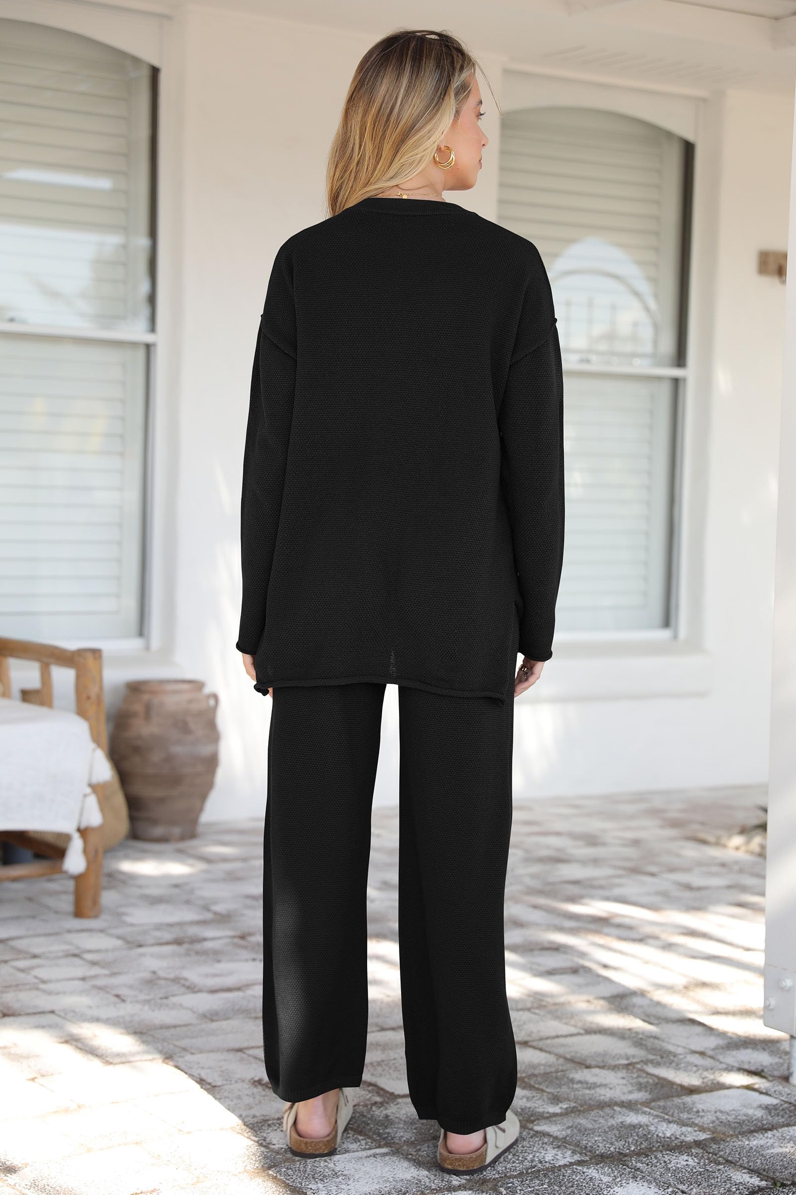 PRETTYGARDEN Women's 2 Piece Tracksuit Outfits 2024 Fall Knit Sweater And Wide Leg Pants Sweatsuit Lounge Sets (Black,Large)