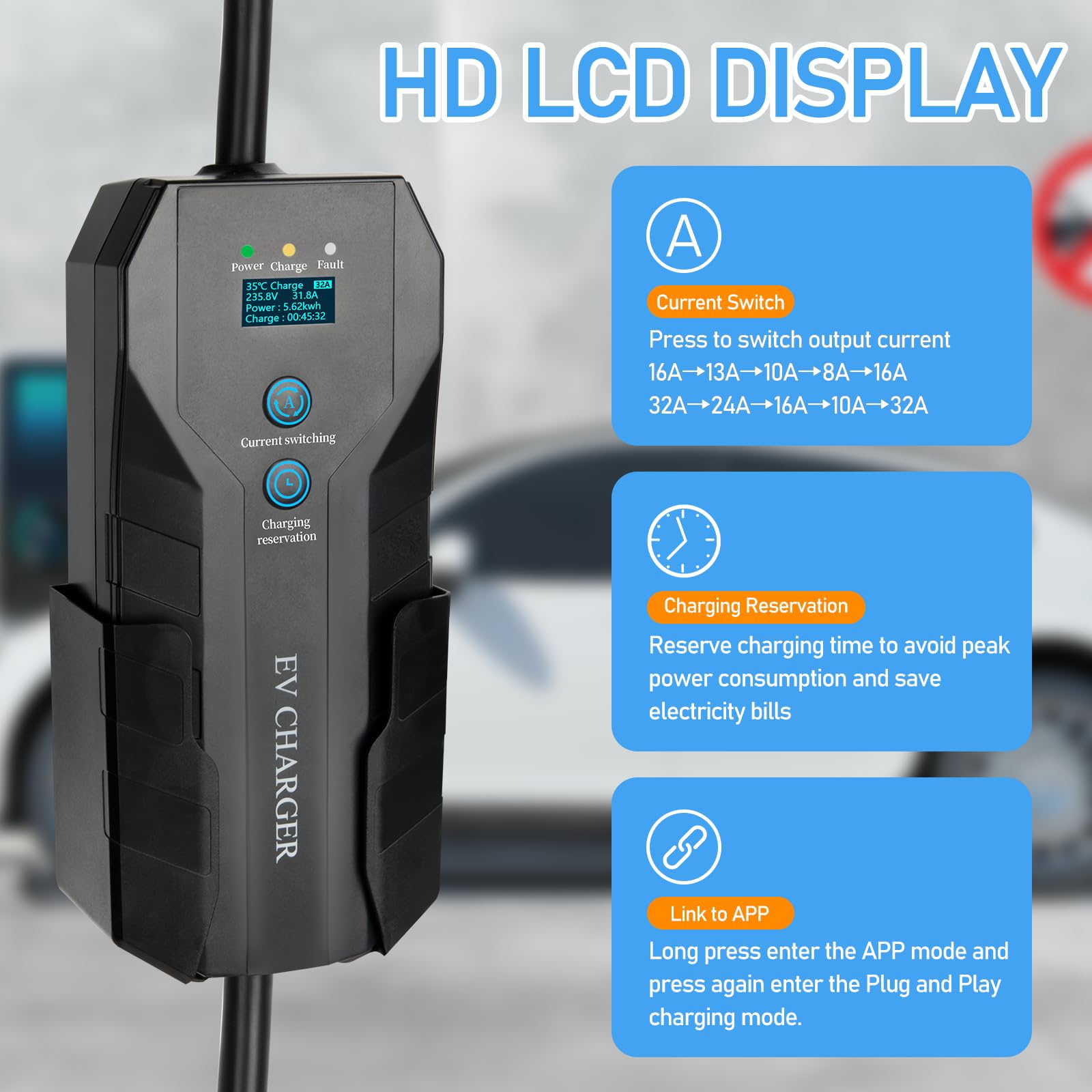 EV Charger Level 2, 8 to 32Amp - 240V Portable Electric Car Charger Nema 14-50 Plug WiFi & Bluetooth Enabled EVSE EV Charger 25FT Cable
