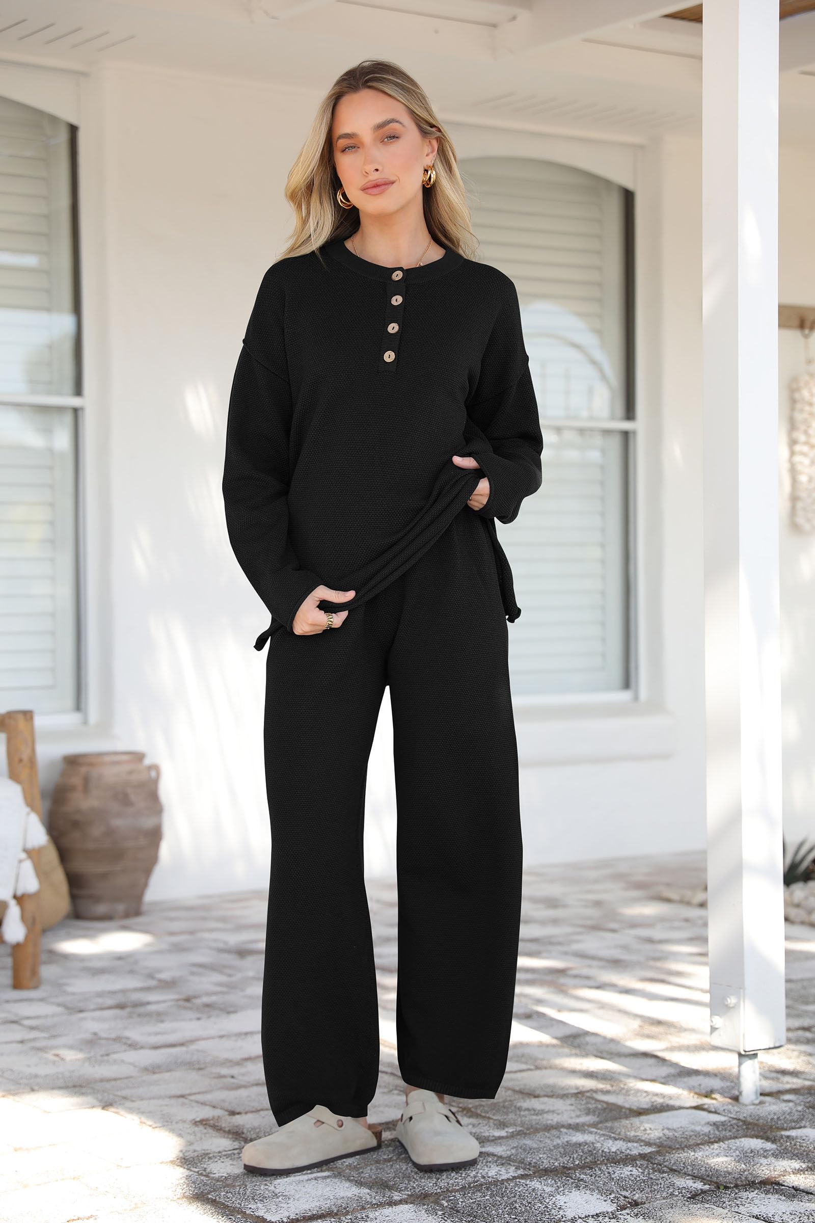 PRETTYGARDEN Women's 2 Piece Tracksuit Outfits 2024 Fall Knit Sweater And Wide Leg Pants Sweatsuit Lounge Sets (Black,Large)