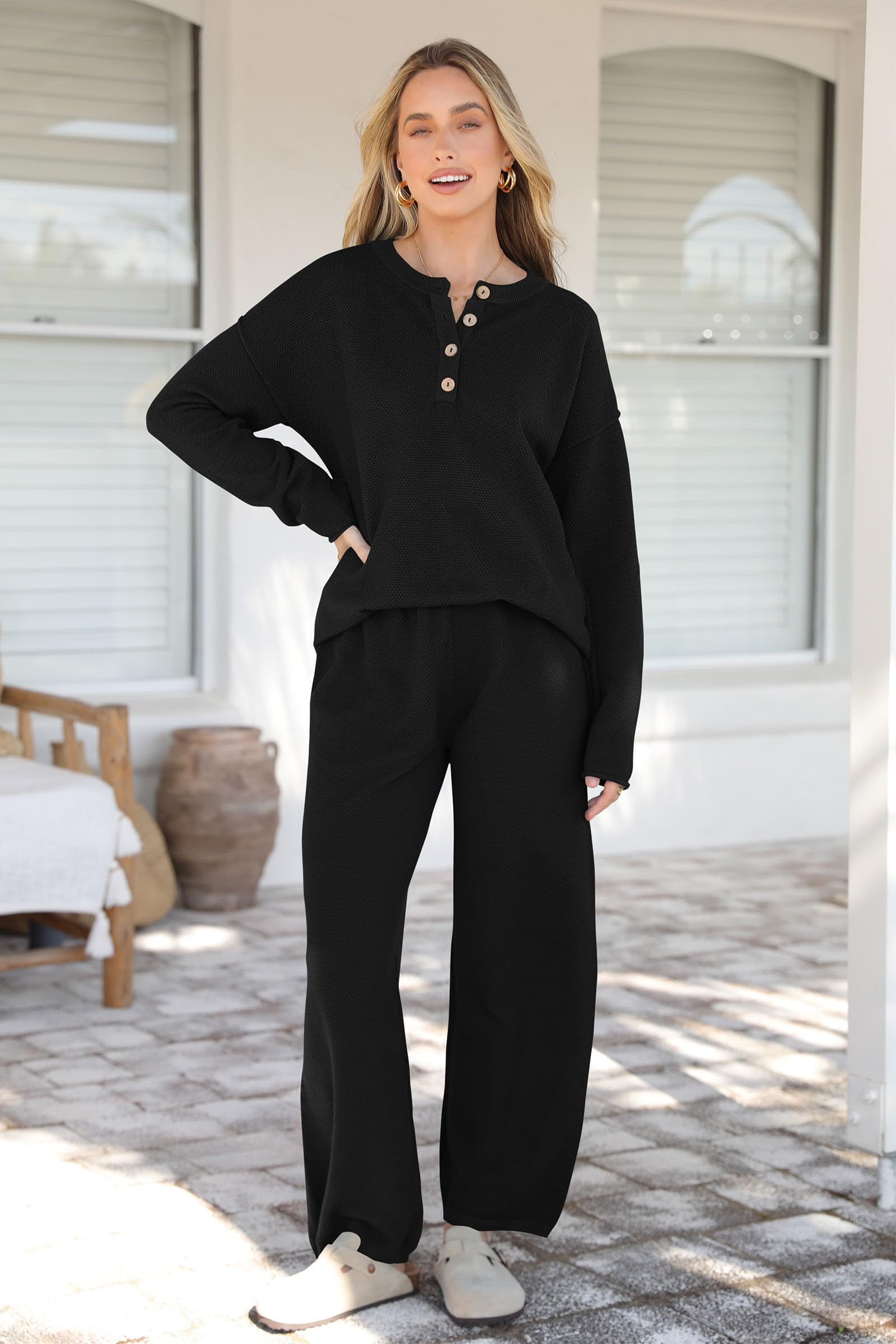 PRETTYGARDEN Women's 2 Piece Tracksuit Outfits 2024 Fall Knit Sweater And Wide Leg Pants Sweatsuit Lounge Sets (Black,Large)
