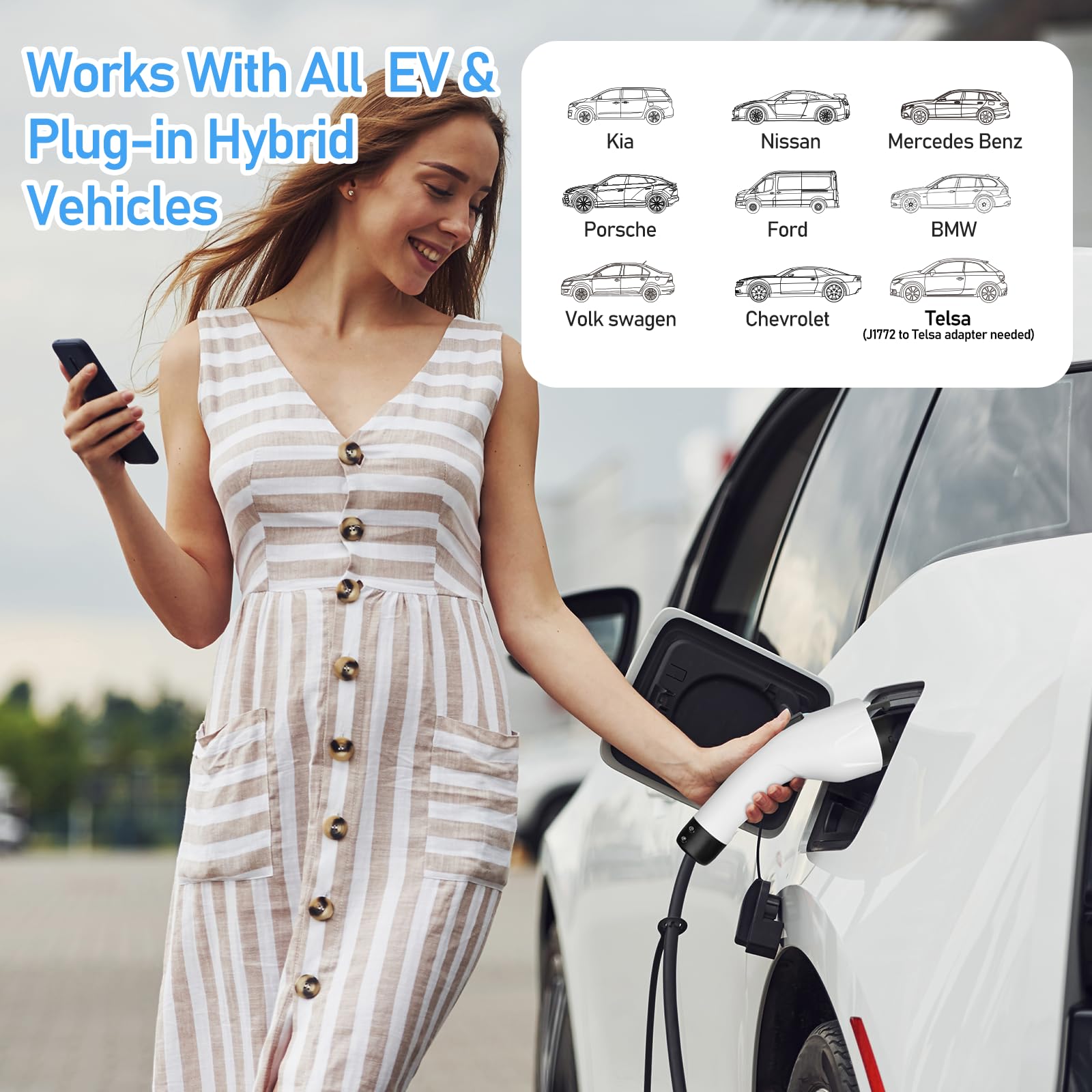 EV Charger Level 2, 8 to 32Amp - 240V Portable Electric Car Charger Nema 14-50 Plug WiFi & Bluetooth Enabled EVSE EV Charger 25FT Cable