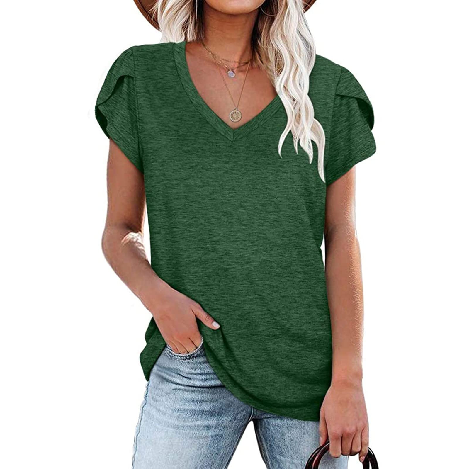 DASAYO Women Summer Ruffle Sleeve Shirts Loose V Neck Casual Solid Going Out T Shirt Comfy Fashion Cute Blouses Ladies Tops