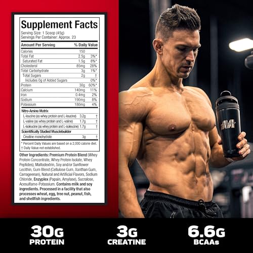 Muscletech Whey Protein Powder (Vanilla Cream, 2.2 Pound) - Nitro-Tech Muscle Building Formula with Whey Protein Isolate & Peptides - 30g of Protein, 3g of Creatine & 6.6g of BCAA