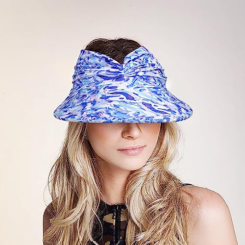 Sun Visor Hat for Women,Summer Beach Hats Foldable,Wide Brim, Ponytail,Fashion Sun Shade UV Protection Soft Hat for Outdoor Blue