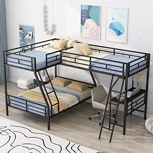 RORIGAT Metal Bunk Bed, Twin Over Full Size Triple Beds with Desk, L-Shape Loftbed for 3, Space-Saving Design/No Box Spring Needed, Black