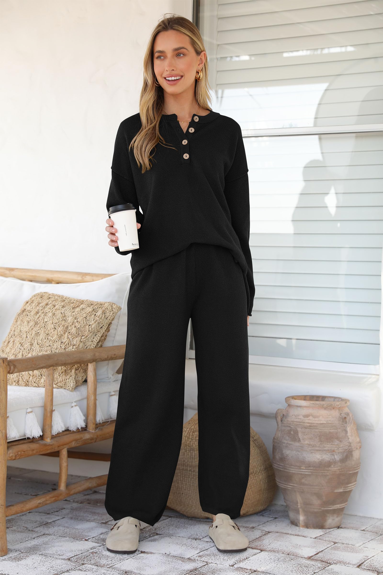 PRETTYGARDEN Women's 2 Piece Tracksuit Outfits 2024 Fall Knit Sweater And Wide Leg Pants Sweatsuit Lounge Sets (Black,Large)