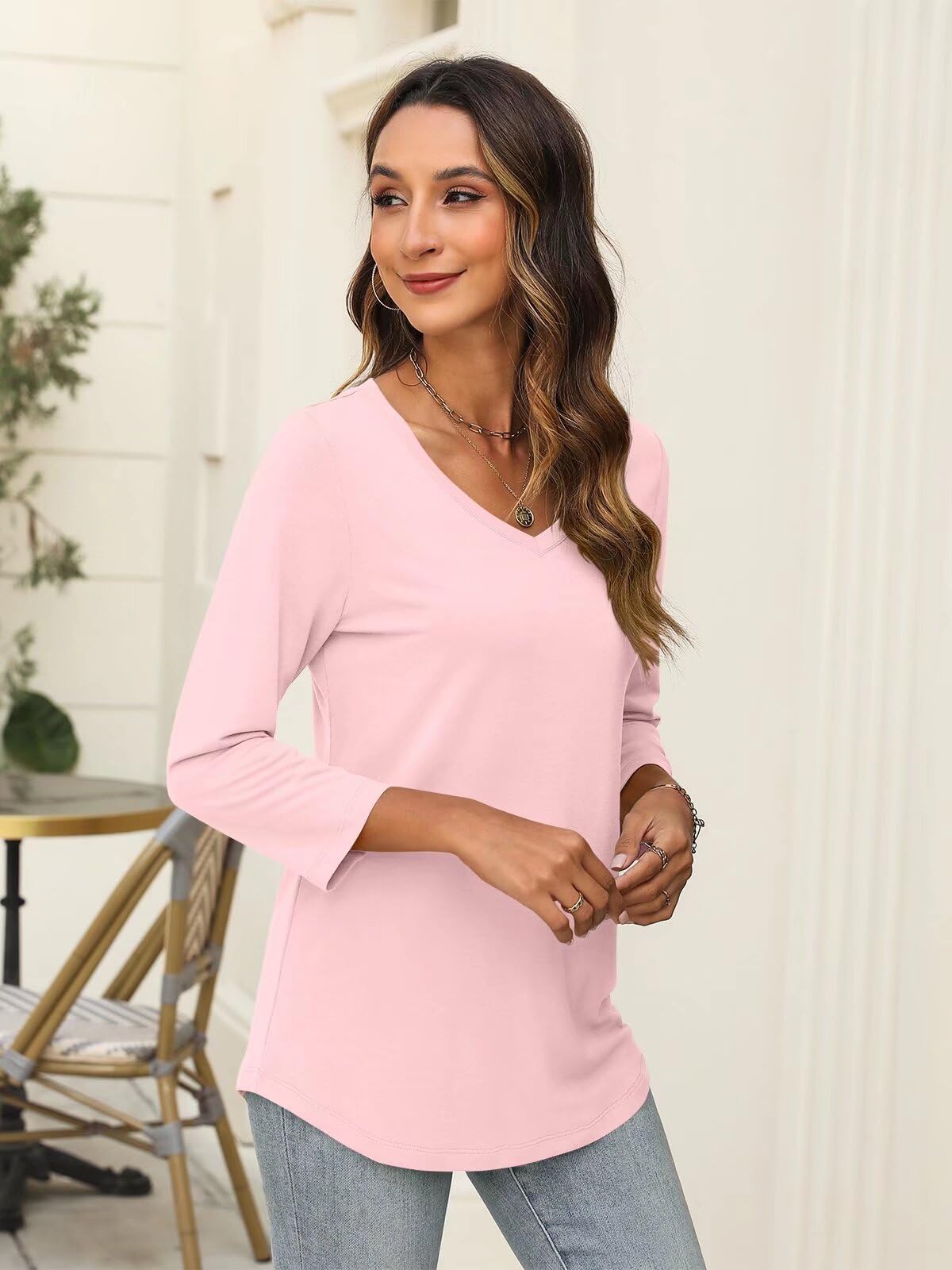 Minetom Women's V Neck 3/4 Sleeve T Shirt Solid Casual Basic Tops Summer Tees