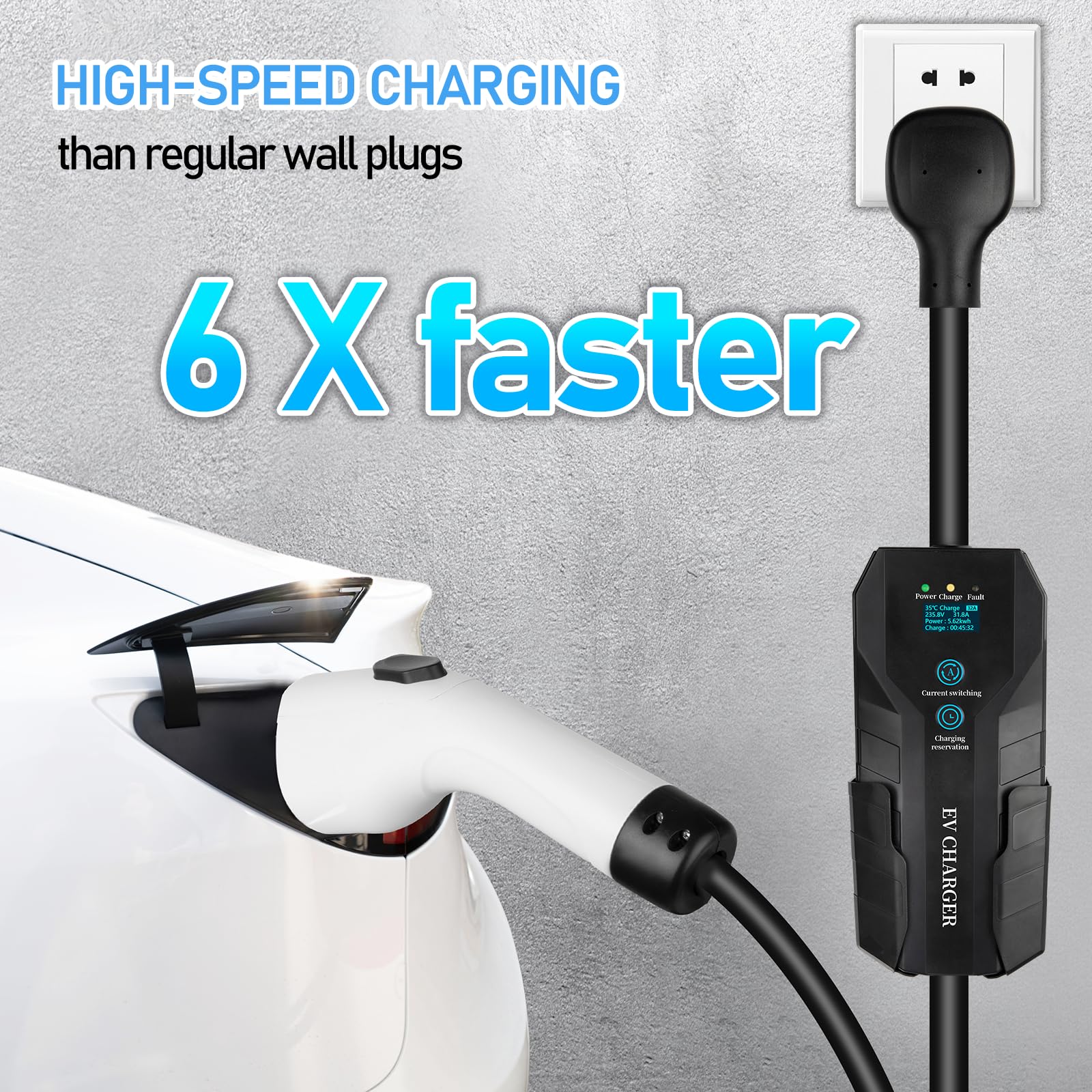 EV Charger Level 2, 8 to 32Amp - 240V Portable Electric Car Charger Nema 14-50 Plug WiFi & Bluetooth Enabled EVSE EV Charger 25FT Cable