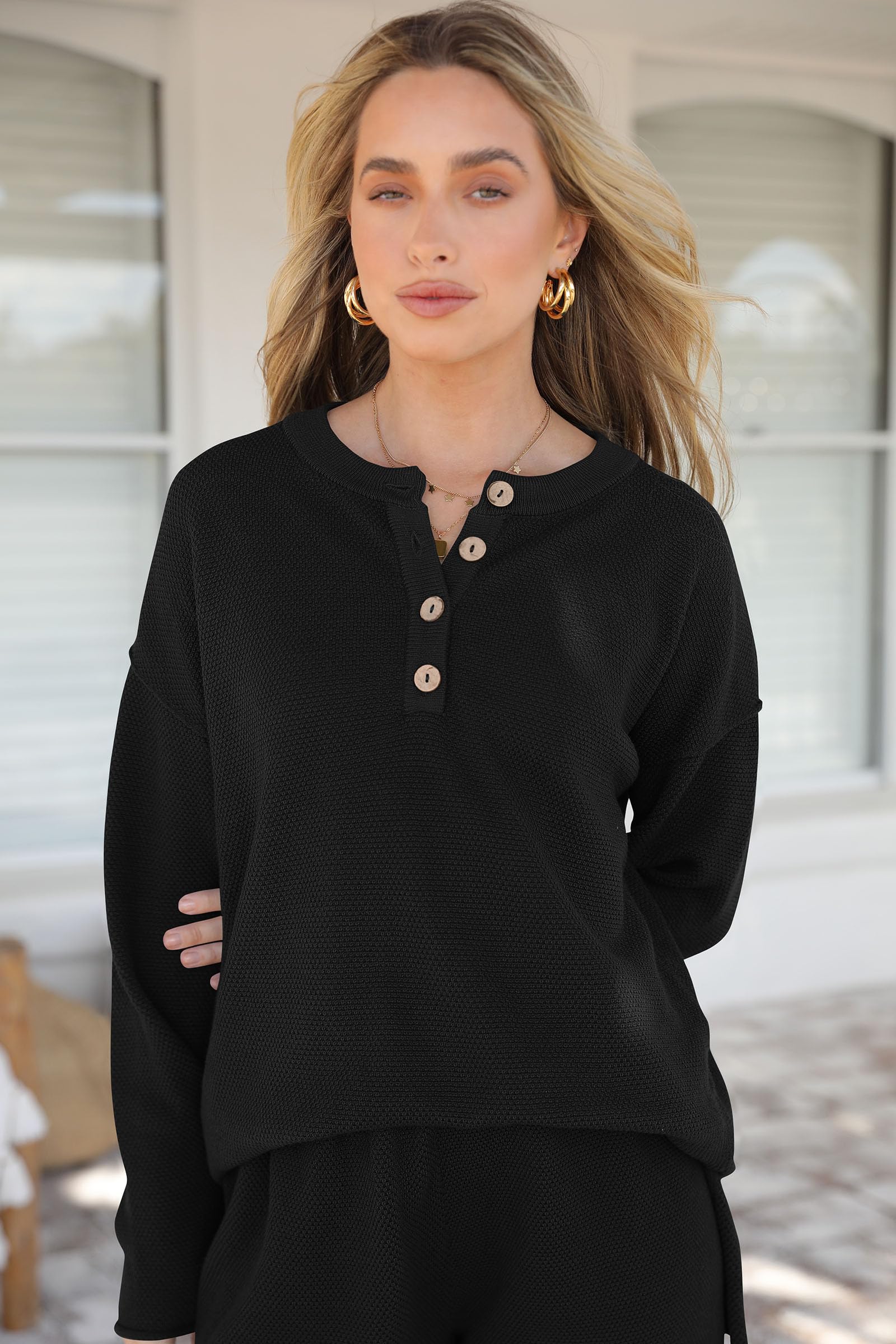 PRETTYGARDEN Women's 2 Piece Tracksuit Outfits 2024 Fall Knit Sweater And Wide Leg Pants Sweatsuit Lounge Sets (Black,Large)