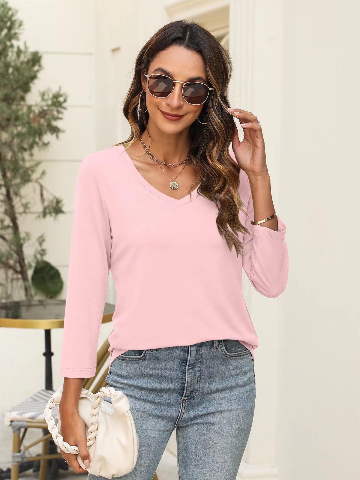 Minetom Women's V Neck 3/4 Sleeve T Shirt Solid Casual Basic Tops Summer Tees