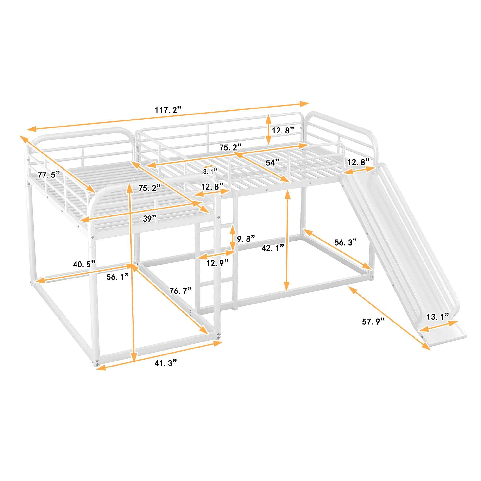 ATY L-Shaped Full and Twin Size Bunk Bed, Metal Bedframe w/Ladder & Slide, for 4 People, Bedroom, Dorm, Guestroom Supplies, Save Space Design,White