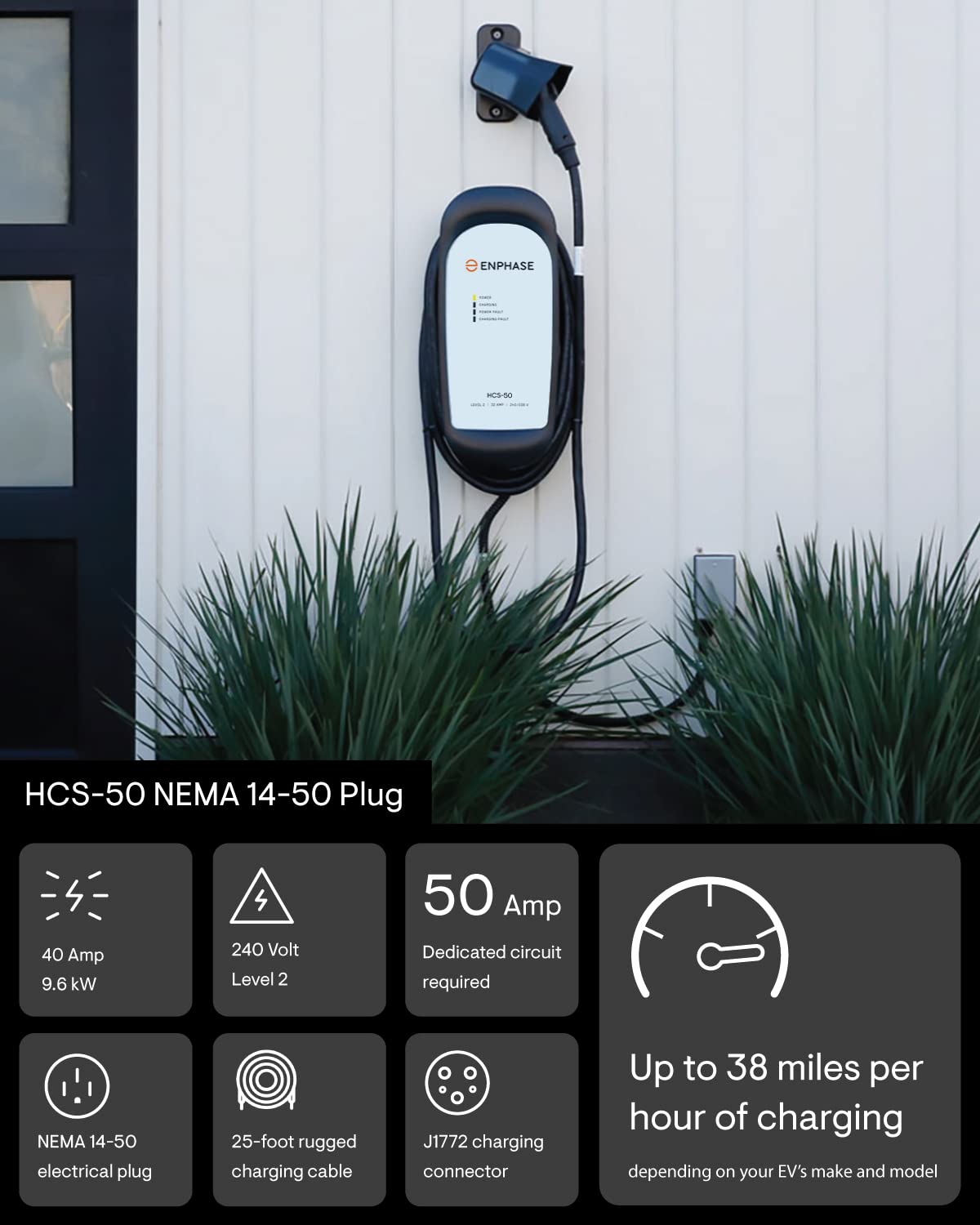 40 Amp Plug-in EV Charger, Enphase HCS-50, NEMA 14-50 Plug, Level 2, 240V, 9.6kW, 5-Year Warranty, 25 ft Cable, J1772 Ruggedized Connector, Formerly ClipperCreek