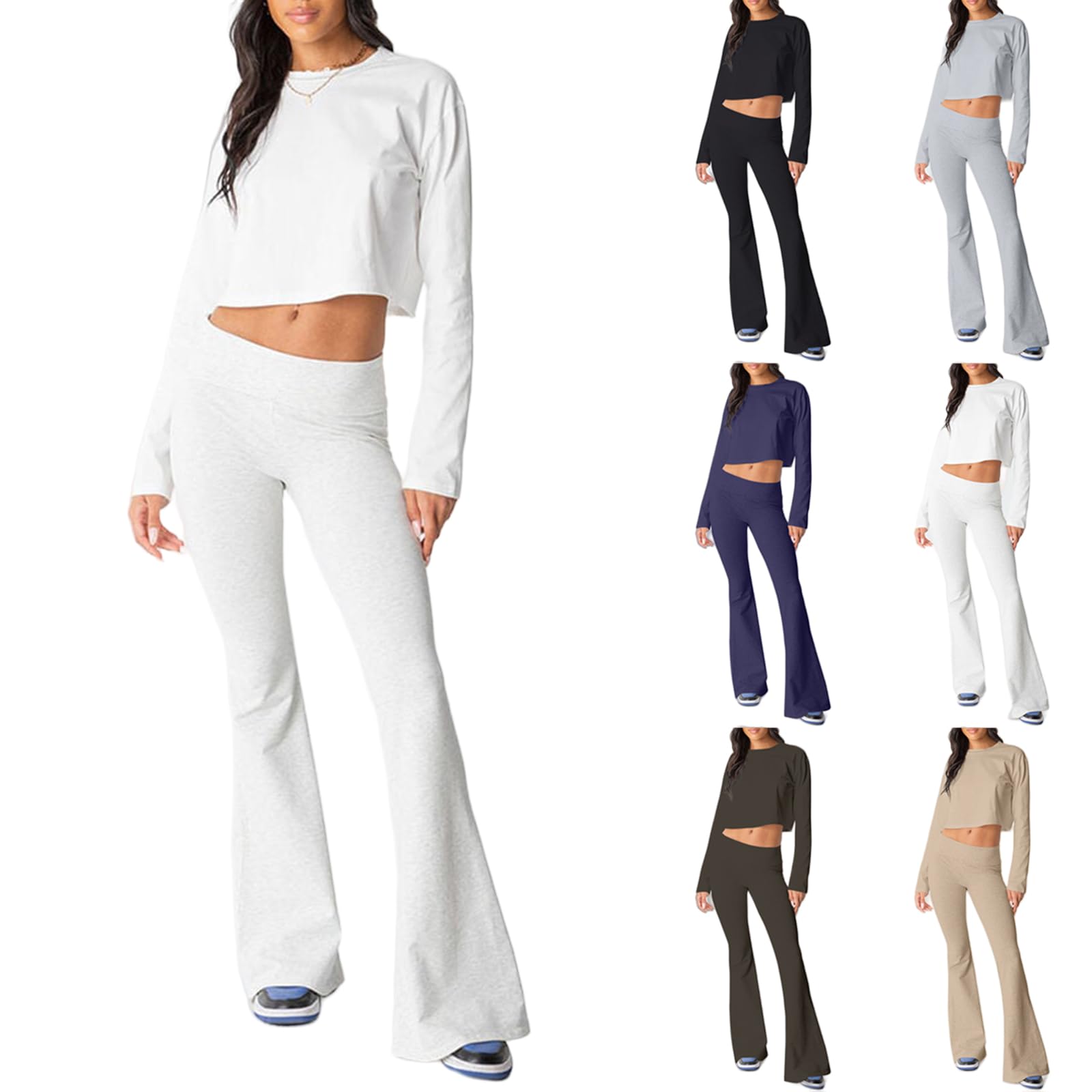 Gumipy Lounge Sets for Women 2 Piece Outfits Long Sleeve Crop Top & Flared Leggings Y2K Fall Outfits Trendy Workout Outfit Sets Cotton Jersey Collection Sweatsuits Yoga Matching Sets Tracksuit
