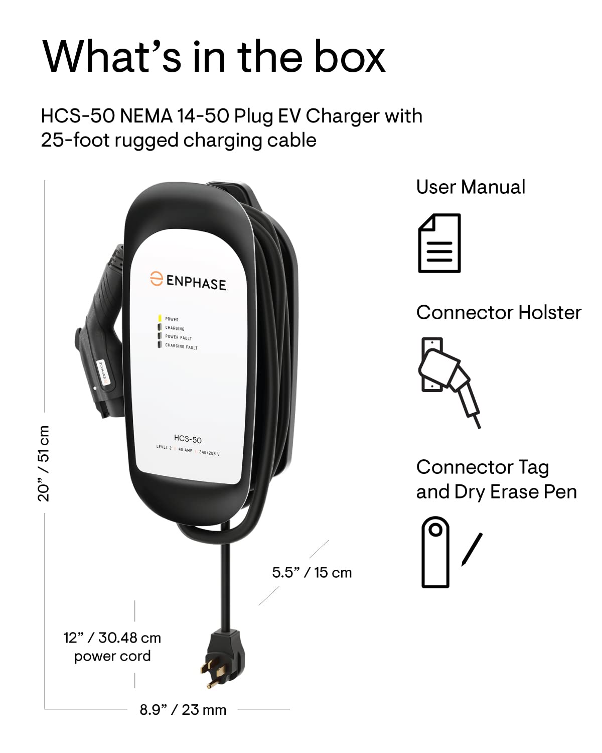 40 Amp Plug-in EV Charger, Enphase HCS-50, NEMA 14-50 Plug, Level 2, 240V, 9.6kW, 5-Year Warranty, 25 ft Cable, J1772 Ruggedized Connector, Formerly ClipperCreek