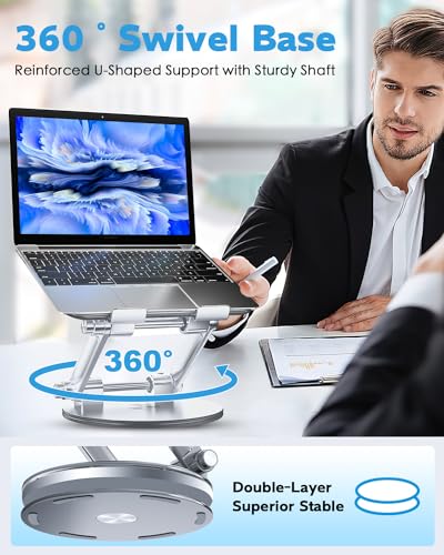 HUAEU Laptop Stand for Desk Adjustable Laptop Holder - Ergonomic Laptop Riser with 360° Rotating Base Portable Computer Stand for MacBook, MacBook Pro Notebook Chromebook Sleek Silver Design