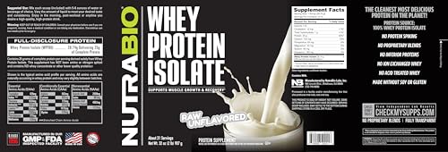 NutraBio Whey Protein Powder Isolate Supplement – 25g of Protein Per Scoop with Complete Amino Acid Profile - Soy and Gluten Free Protein Powder - Zero Fillers and Non-GMO - Raw Unflavored - 2 Lbs.