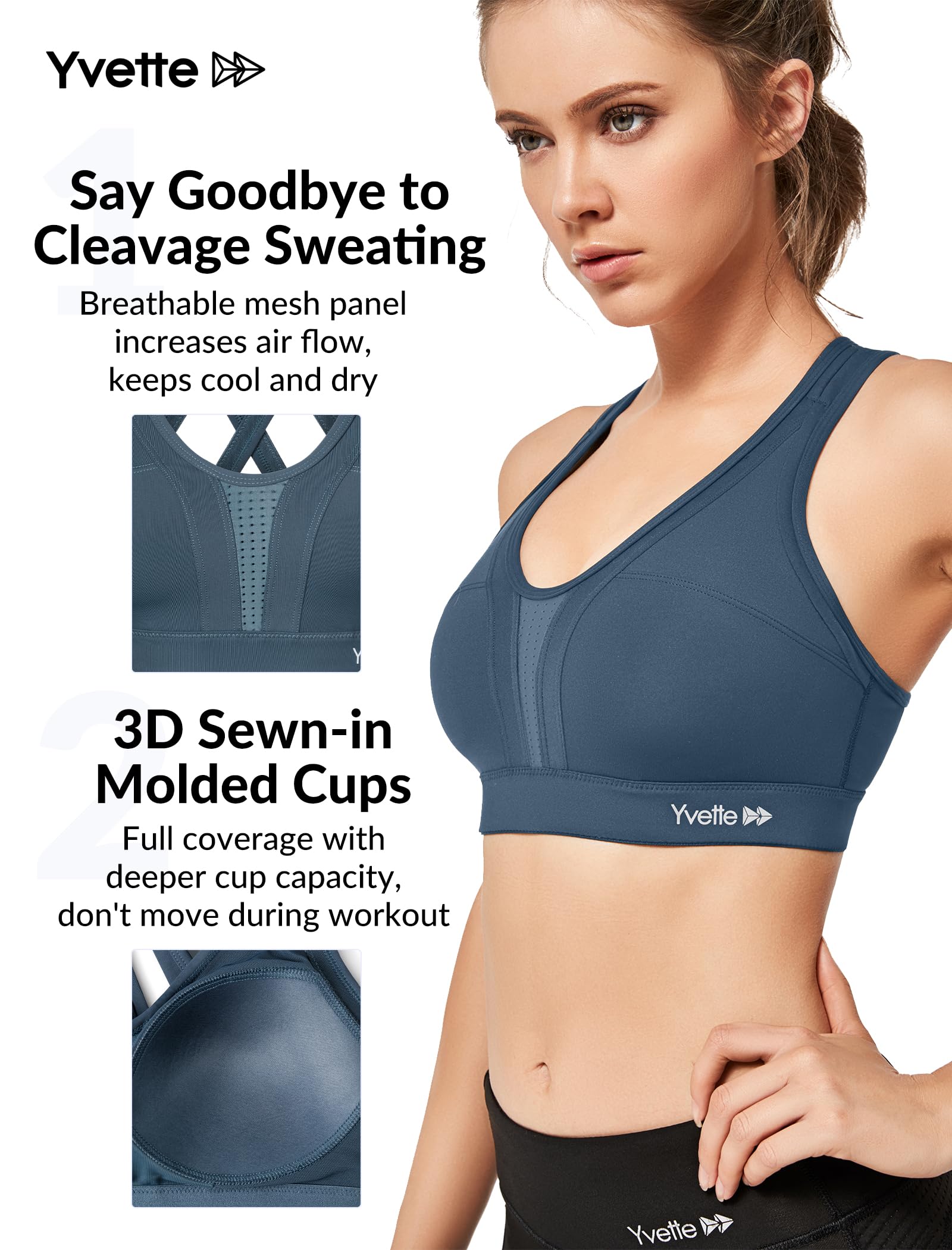 Yvette Women High Impact Sports Bras Criss Cross Back Sexy Running Bra for Plus Size, 08A, M(DF)