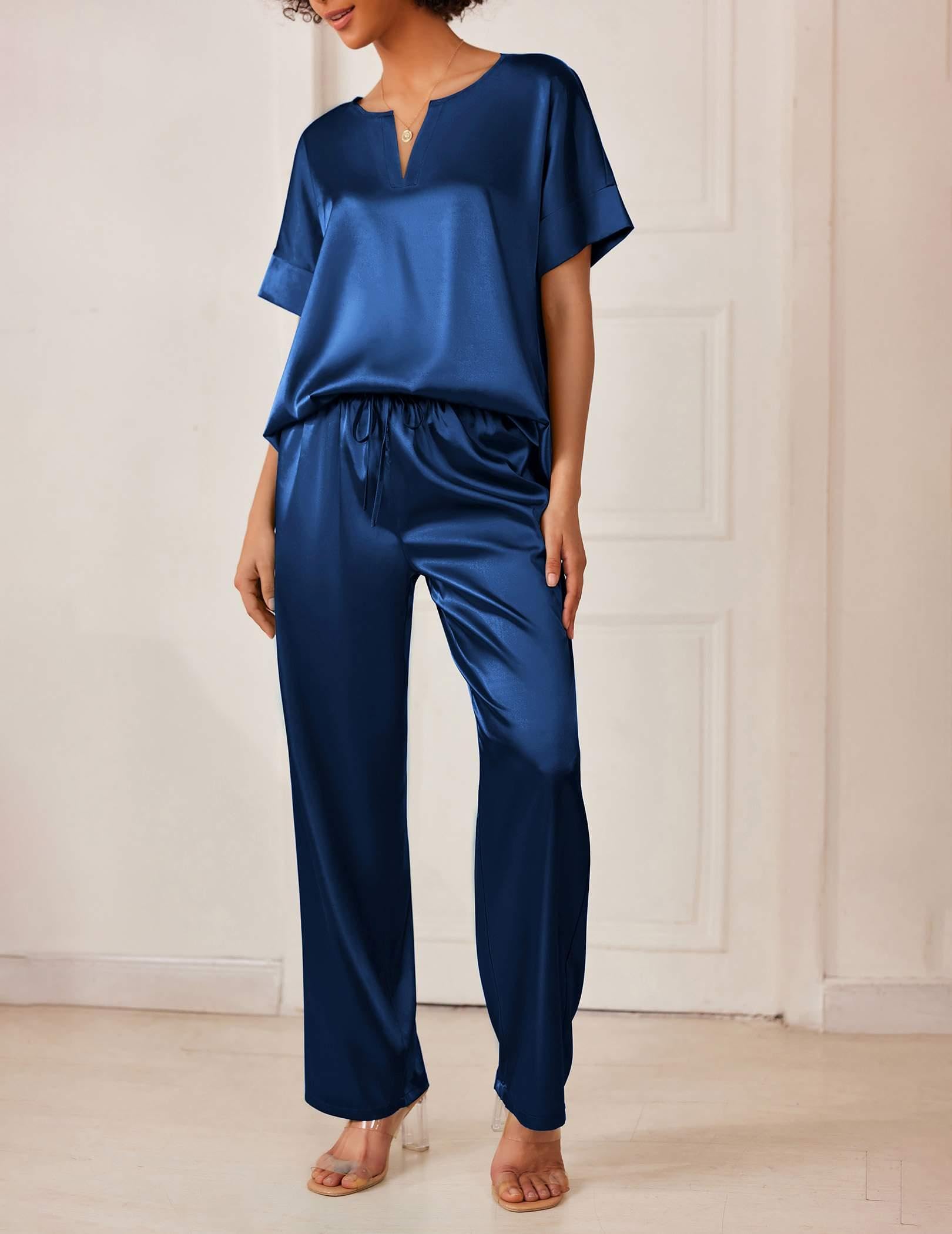 Ekouaer Satin Pajama Set Womens Silk Short Sleeve V Neck Shirt with Long Pant Soft Loungewear Pjs Set Navy Blue