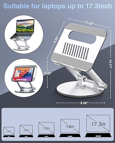 HUAEU Laptop Stand for Desk Adjustable Laptop Holder - Ergonomic Laptop Riser with 360° Rotating Base Portable Computer Stand for MacBook, MacBook Pro Notebook Chromebook Sleek Silver Design