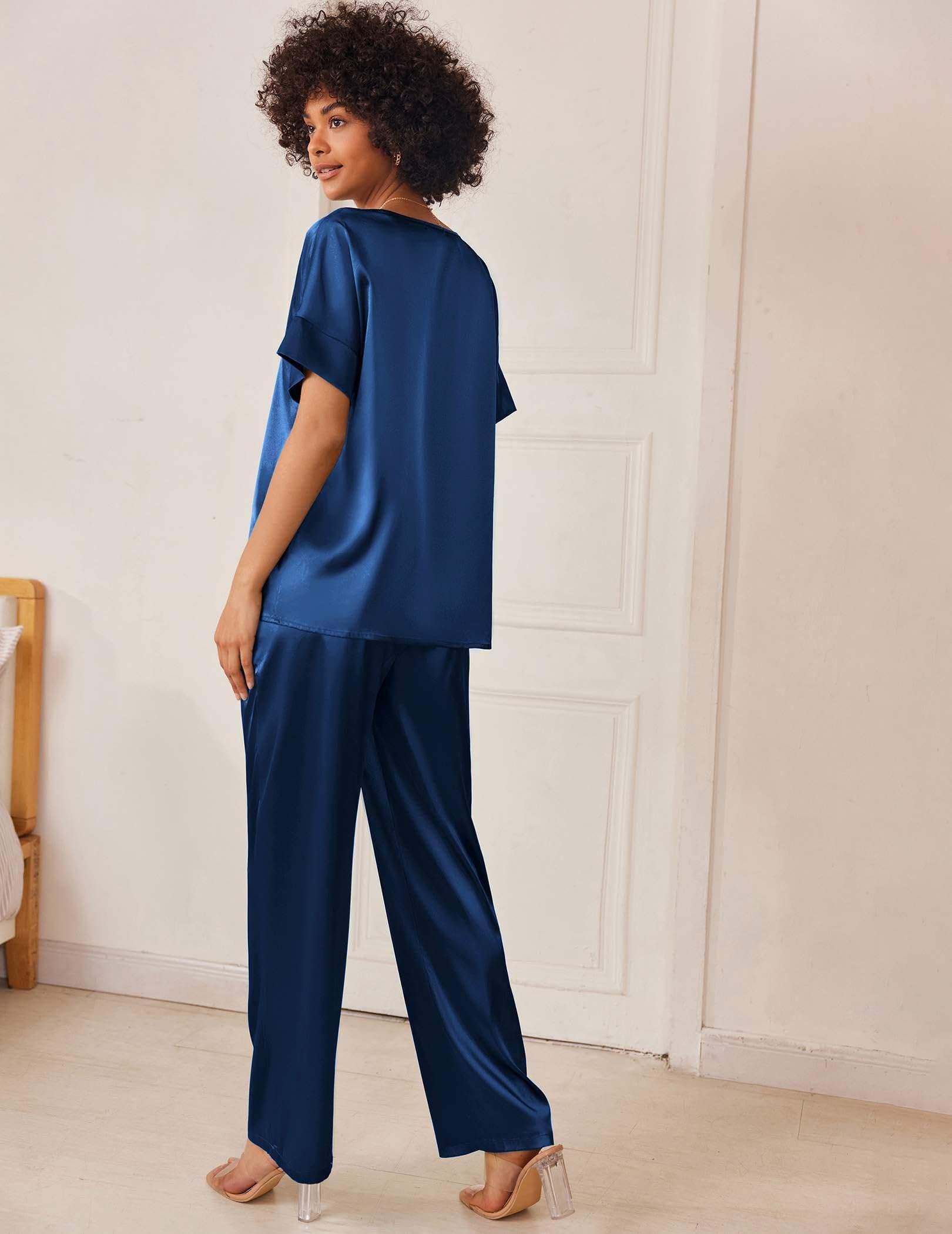 Ekouaer Satin Pajama Set Womens Silk Short Sleeve V Neck Shirt with Long Pant Soft Loungewear Pjs Set Navy Blue