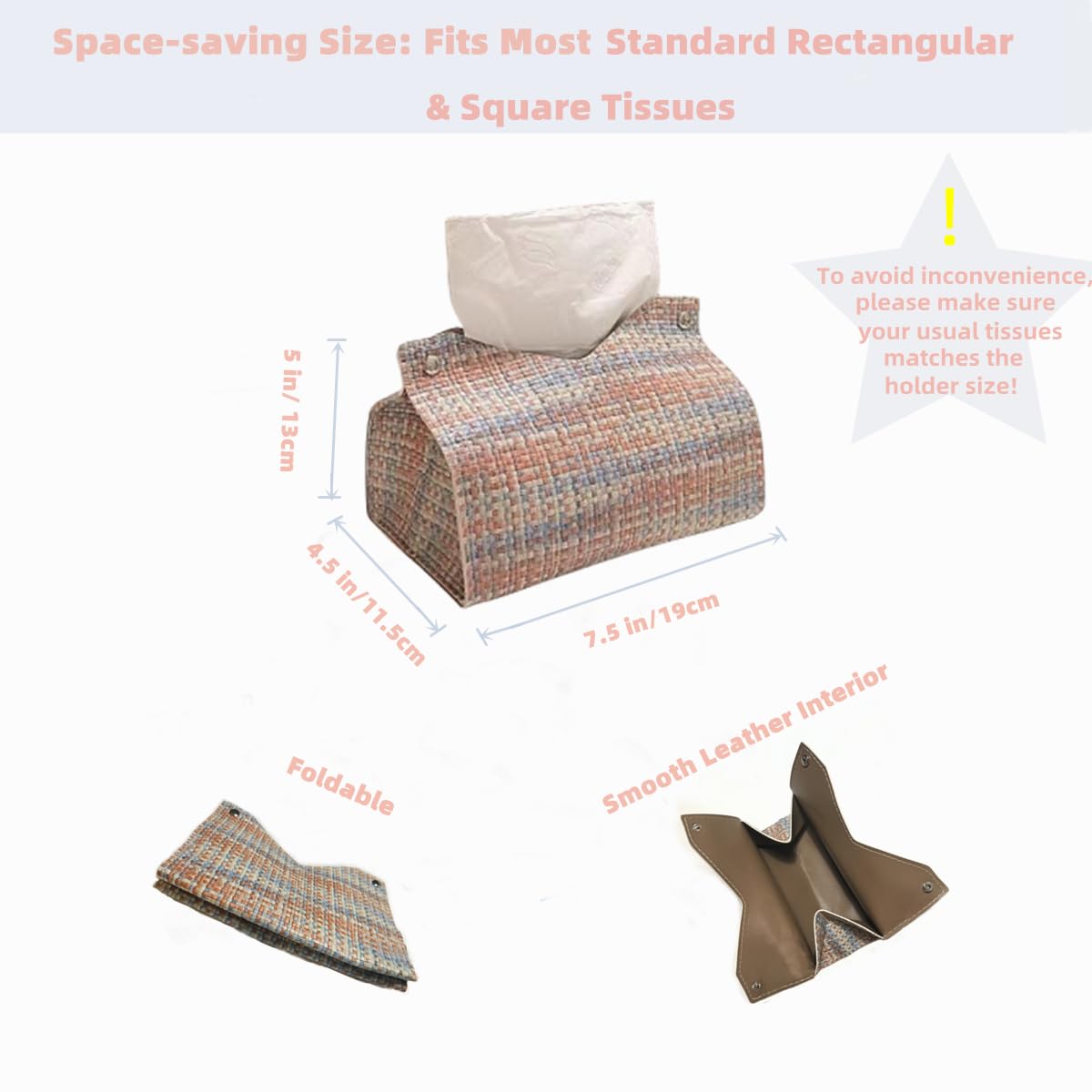 Tissue Box Cover, Rectangular PU Leather Weave Texture Napkin Paper towel Holder with Decor & Storage for Living Room, Dinner Tables, Countertops, Nightstands, Bathroom, Office, Hotel, Car and Outdoor