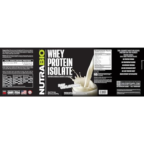NutraBio Whey Protein Powder Isolate Supplement – 25g of Protein Per Scoop with Complete Amino Acid Profile - Soy and Gluten Free Protein Powder - Zero Fillers and Non-GMO - Raw Unflavored - 2 Lbs.