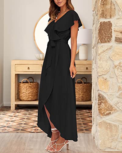 BTFBM Women's Summer Chiffon Maxi Dresses Deep V Neck Ruffle Short Sleeve Beach Party Cocktail Flowy Wrap Dress with Belt(Solid Black, Large)