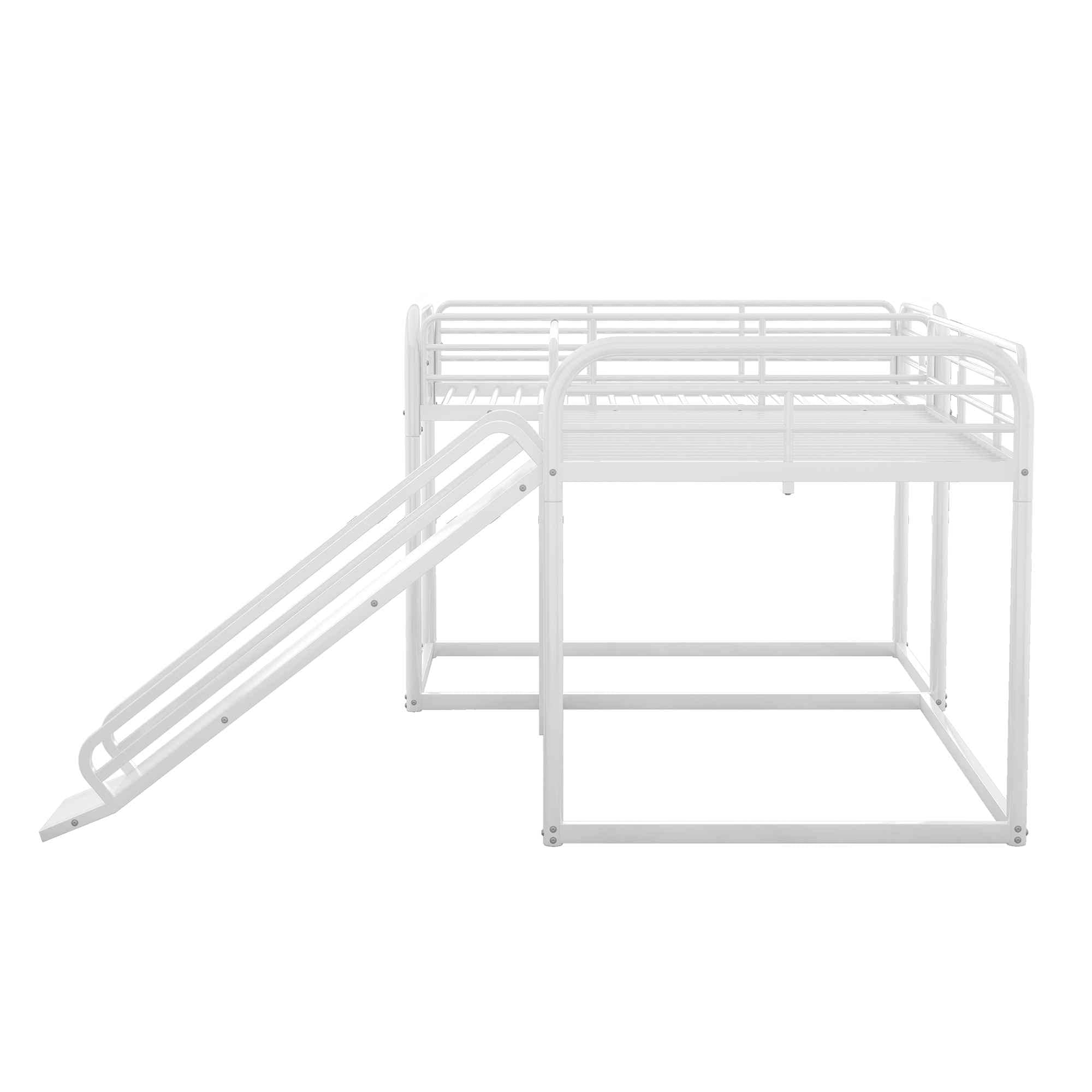 ATY L-Shaped Full and Twin Size Bunk Bed, Metal Bedframe w/Ladder & Slide, for 4 People, Bedroom, Dorm, Guestroom Supplies, Save Space Design,White