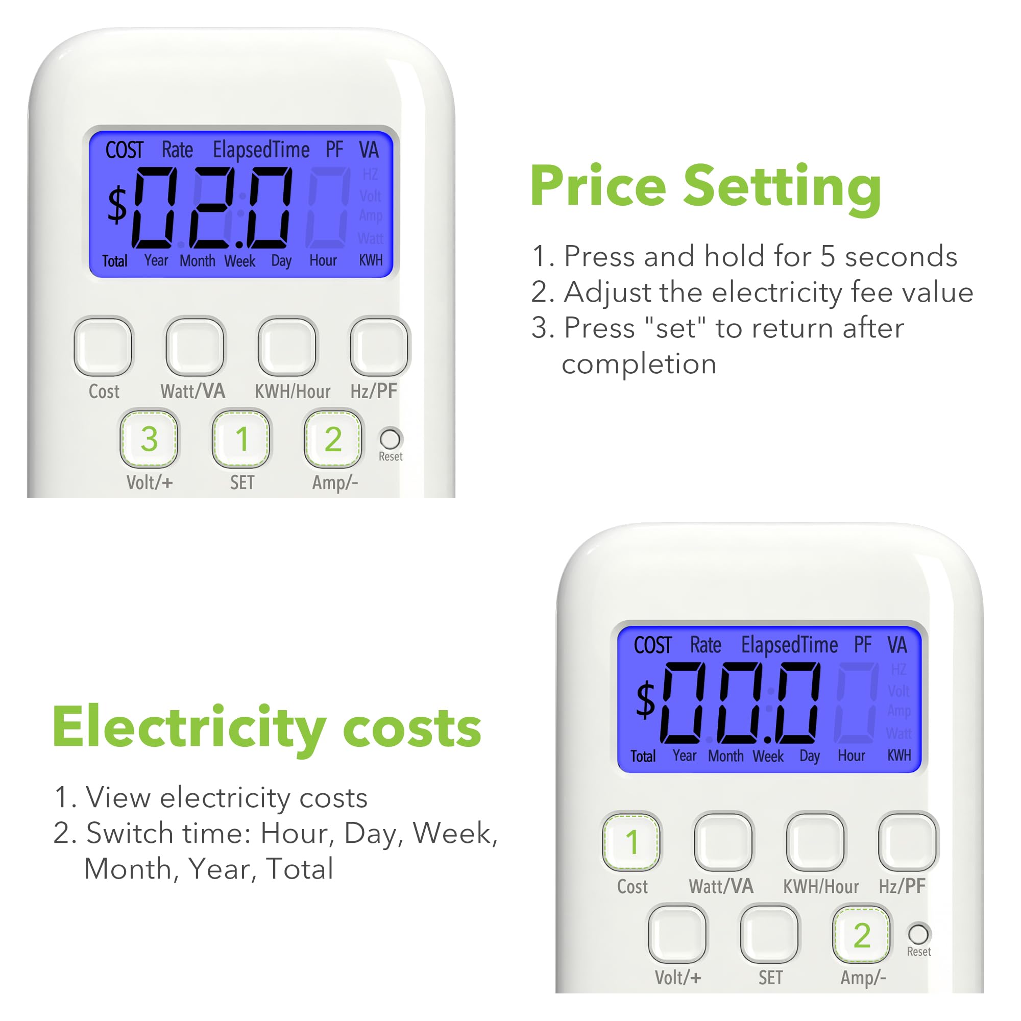 HBN Watt Meter Plug with Backlight, Plug-in Socket Power Meter Electricity Usage Monitor Consumption Home Electrical Energy Monitor, Voltage Amps Wattage Electricity Usage Tester, 9 Display Modes