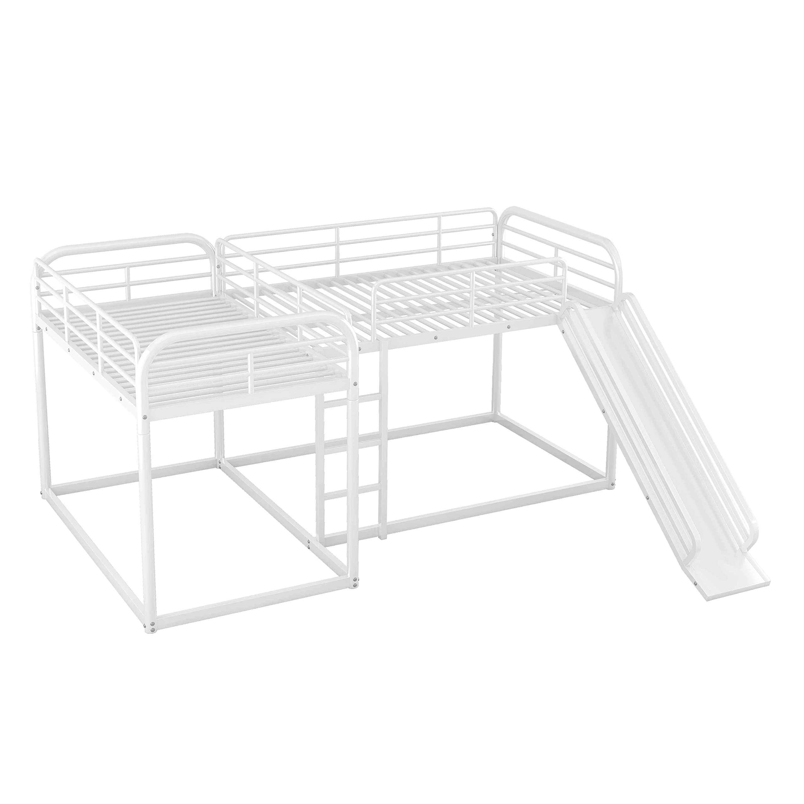 ATY L-Shaped Full and Twin Size Bunk Bed, Metal Bedframe w/Ladder & Slide, for 4 People, Bedroom, Dorm, Guestroom Supplies, Save Space Design,White