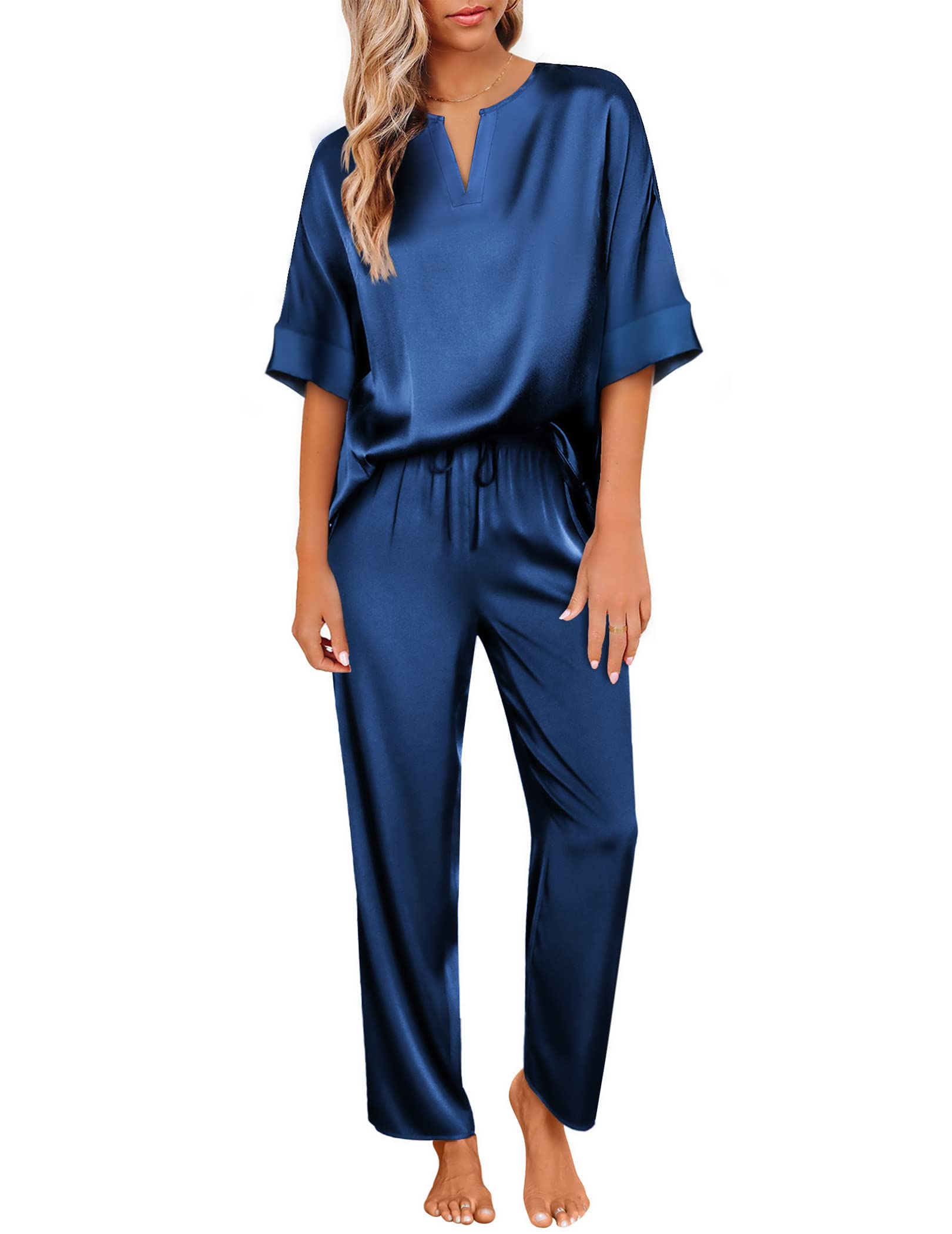 Ekouaer Satin Pajama Set Womens Silk Short Sleeve V Neck Shirt with Long Pant Soft Loungewear Pjs Set Navy Blue