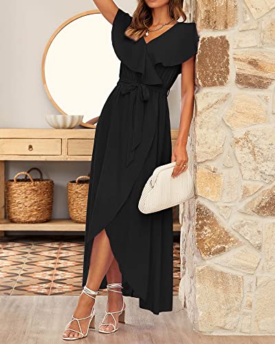 BTFBM Women's Summer Chiffon Maxi Dresses Deep V Neck Ruffle Short Sleeve Beach Party Cocktail Flowy Wrap Dress with Belt(Solid Black, Large)