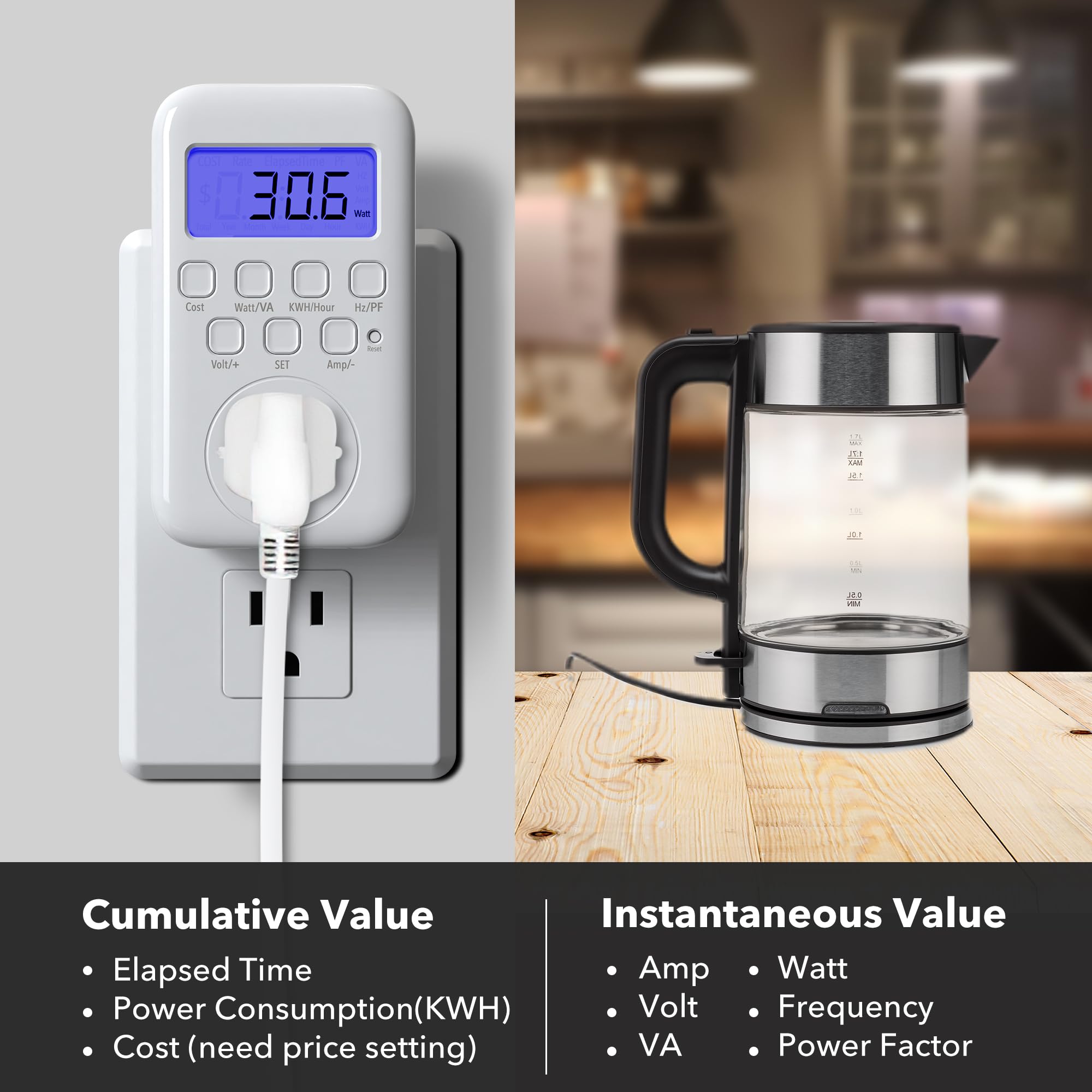 HBN Watt Meter Plug with Backlight, Plug-in Socket Power Meter Electricity Usage Monitor Consumption Home Electrical Energy Monitor, Voltage Amps Wattage Electricity Usage Tester, 9 Display Modes