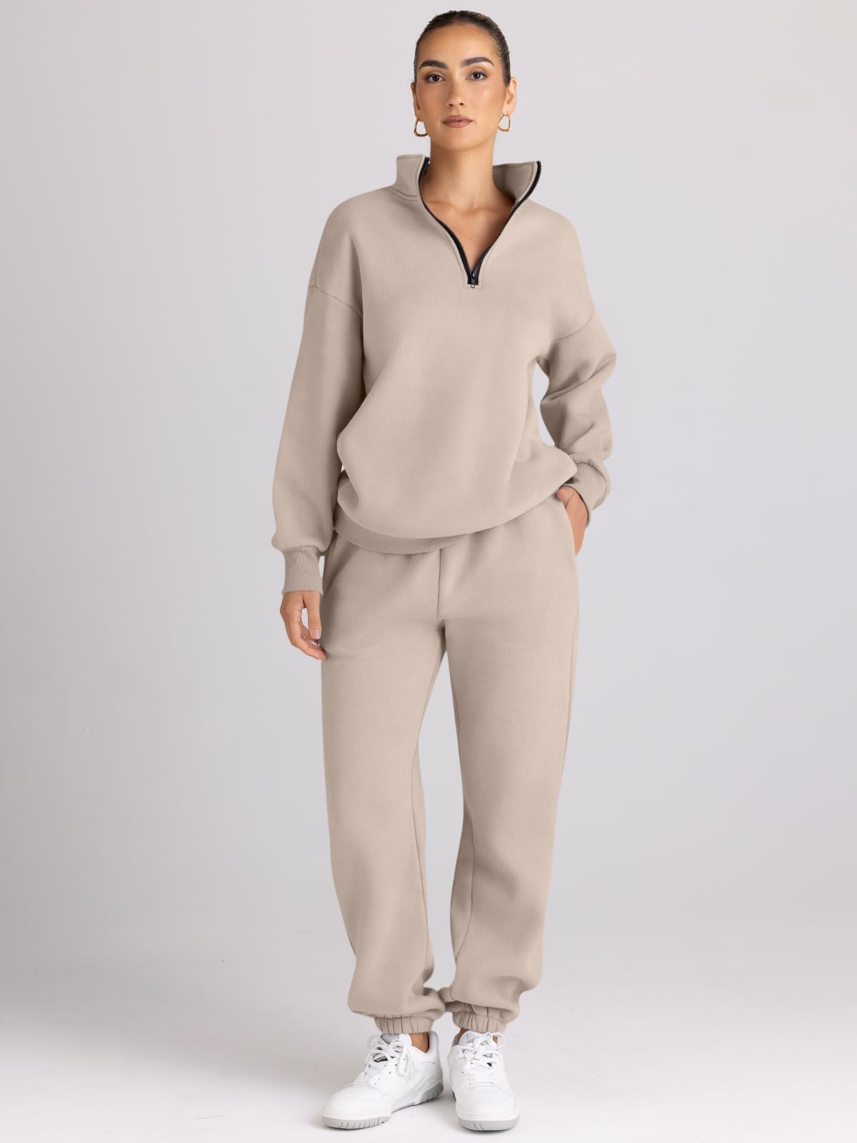 AUTOMET Women's Sweatsuits 2 Piece Outfits Long Sleeve Half Zip Pullover and Baggy Sweatpants with Pockets CoffeeGrey XL