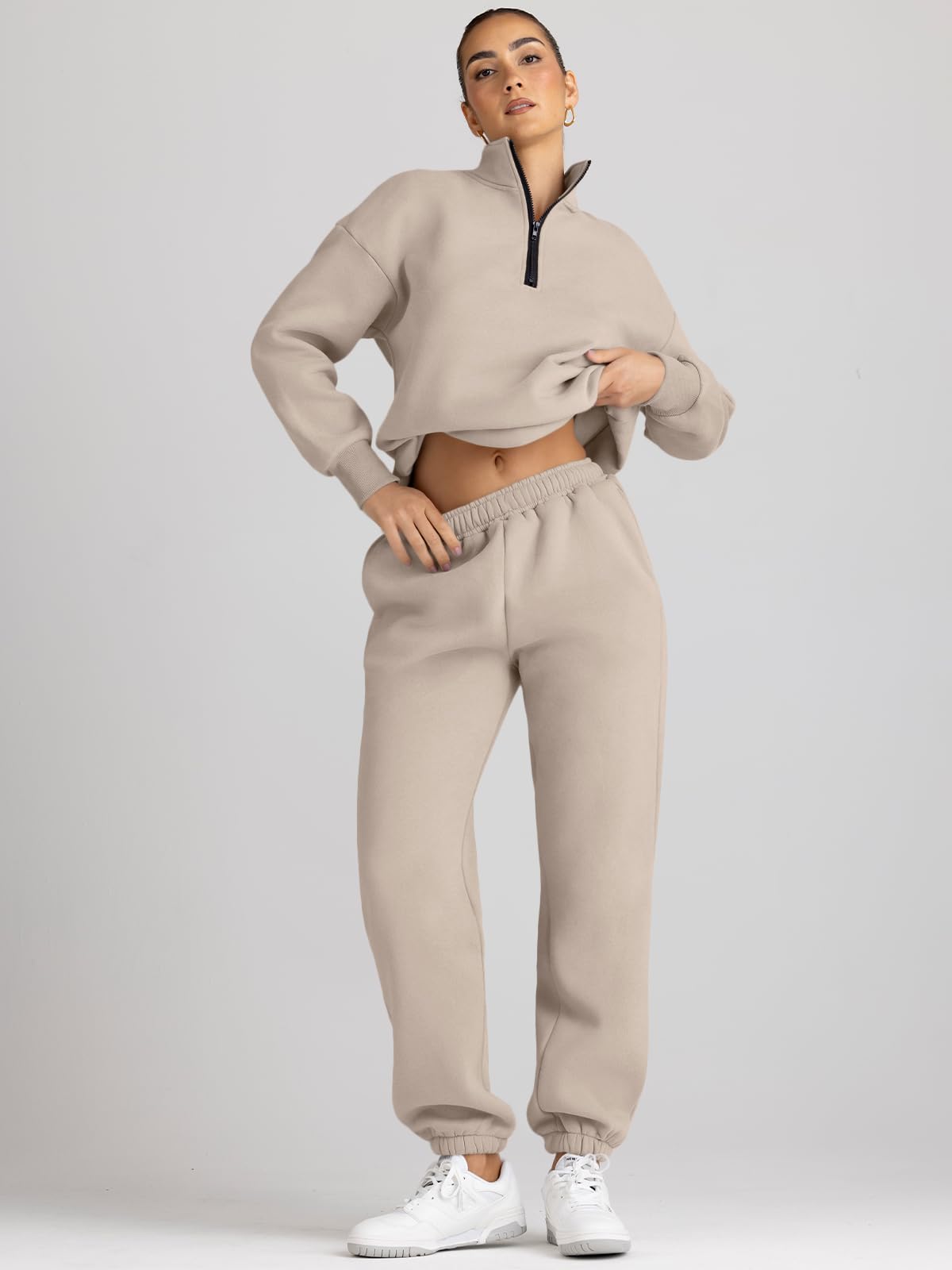 AUTOMET Women's Sweatsuits 2 Piece Outfits Long Sleeve Half Zip Pullover and Baggy Sweatpants with Pockets CoffeeGrey XL