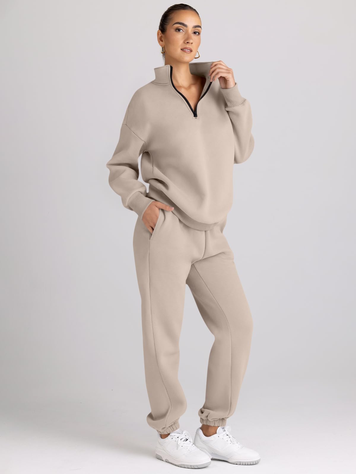 AUTOMET Women's Sweatsuits 2 Piece Outfits Long Sleeve Half Zip Pullover and Baggy Sweatpants with Pockets CoffeeGrey XL
