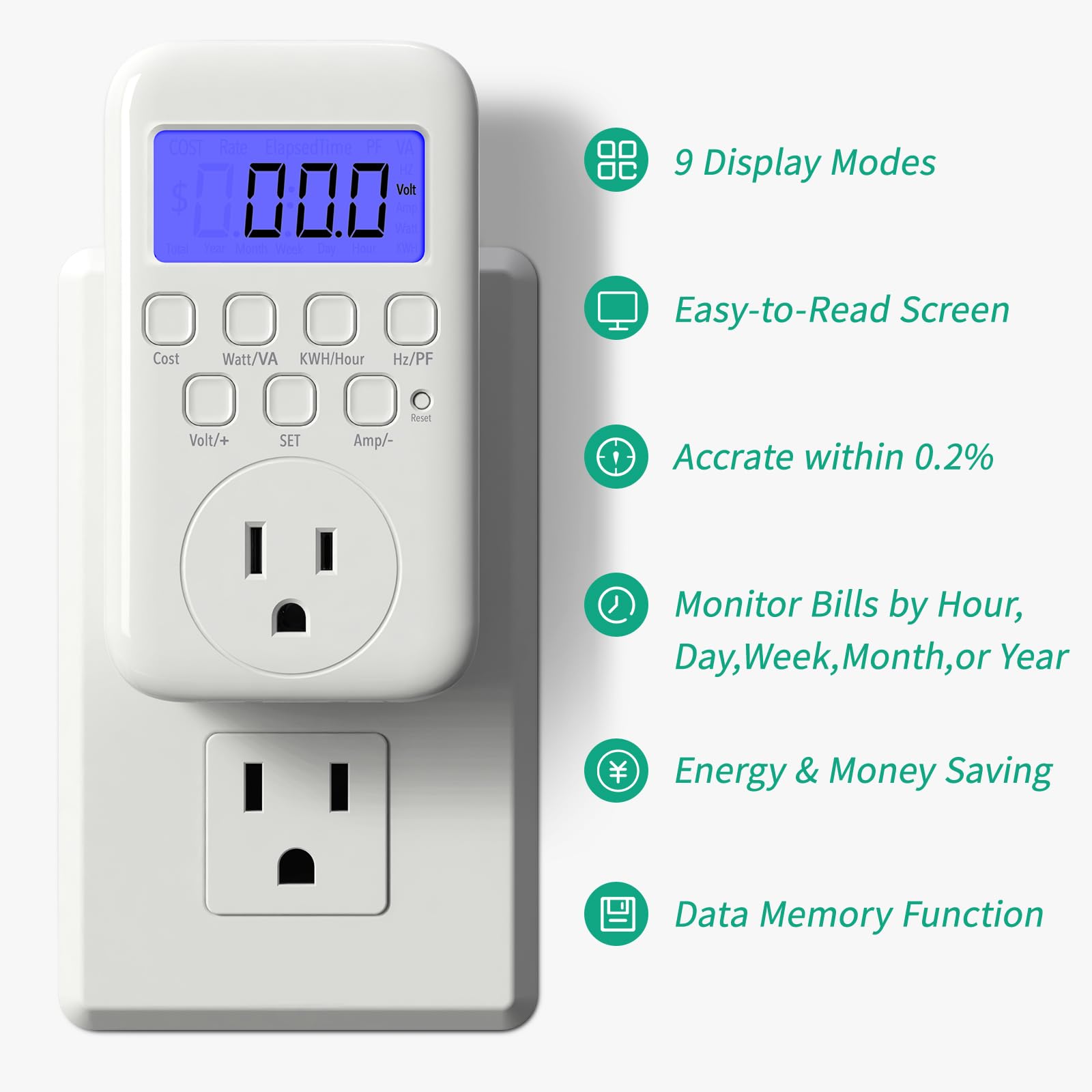 HBN Watt Meter Plug with Backlight, Plug-in Socket Power Meter Electricity Usage Monitor Consumption Home Electrical Energy Monitor, Voltage Amps Wattage Electricity Usage Tester, 9 Display Modes