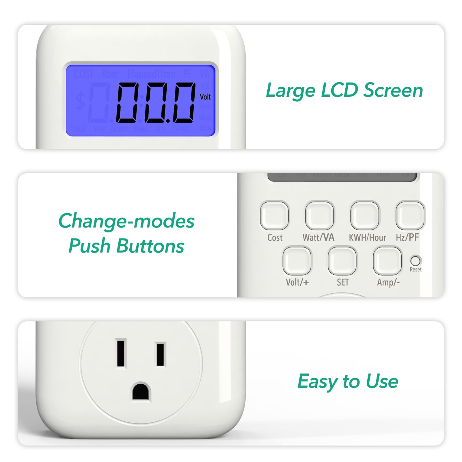HBN Watt Meter Plug with Backlight, Plug-in Socket Power Meter Electricity Usage Monitor Consumption Home Electrical Energy Monitor, Voltage Amps Wattage Electricity Usage Tester, 9 Display Modes